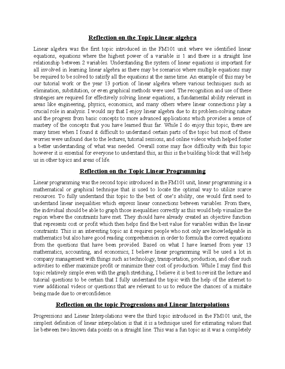 Reflective Summary FM101 - Reflection on the Topic Linear algebra ...