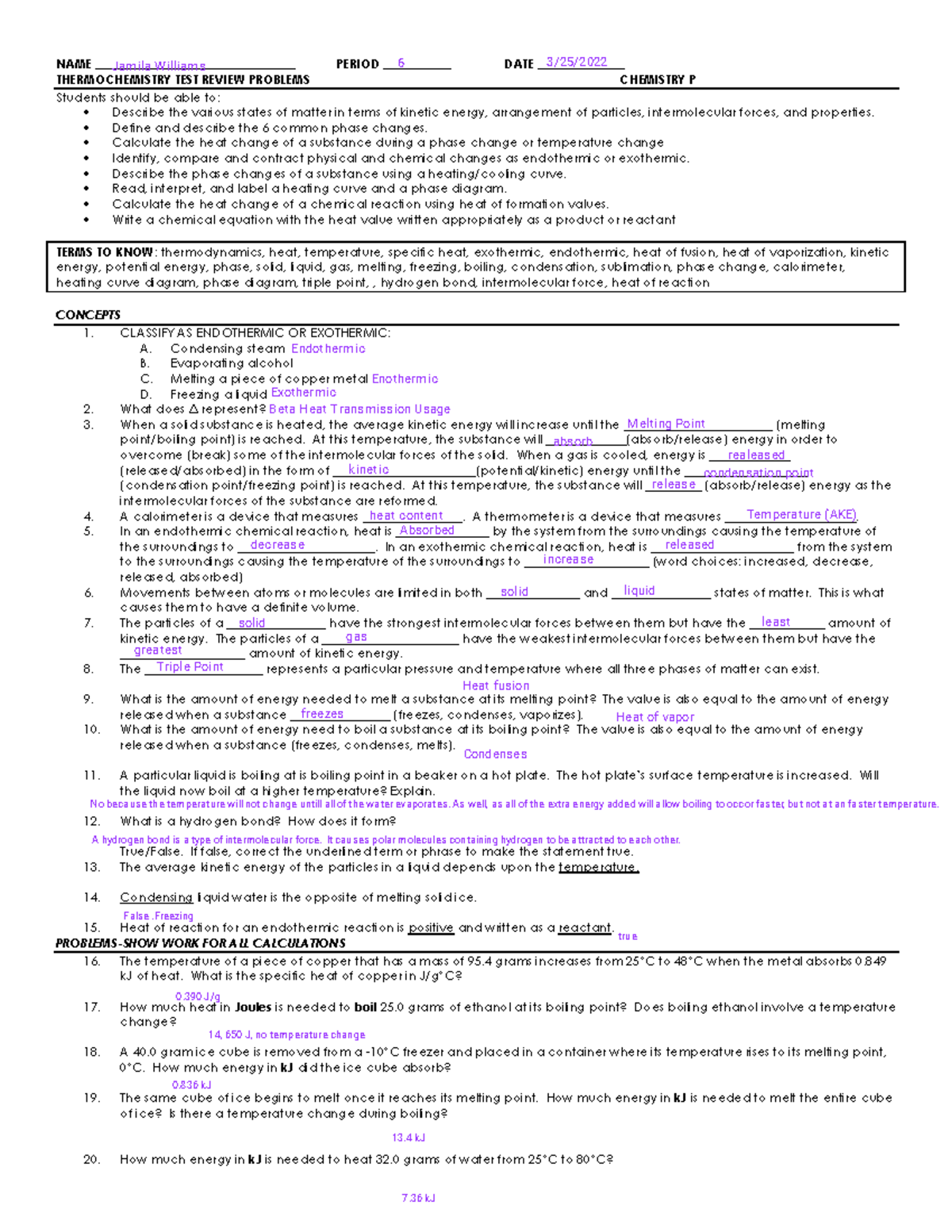 thermochemistry test review p - NAME ...