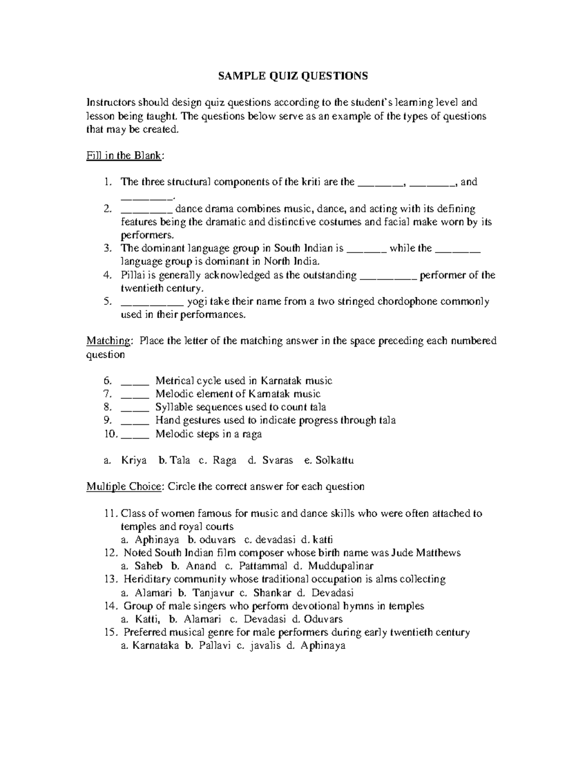 SIndia Quizzes - SAMPLE QUIZ QUESTIONS Instructors should design quiz ...