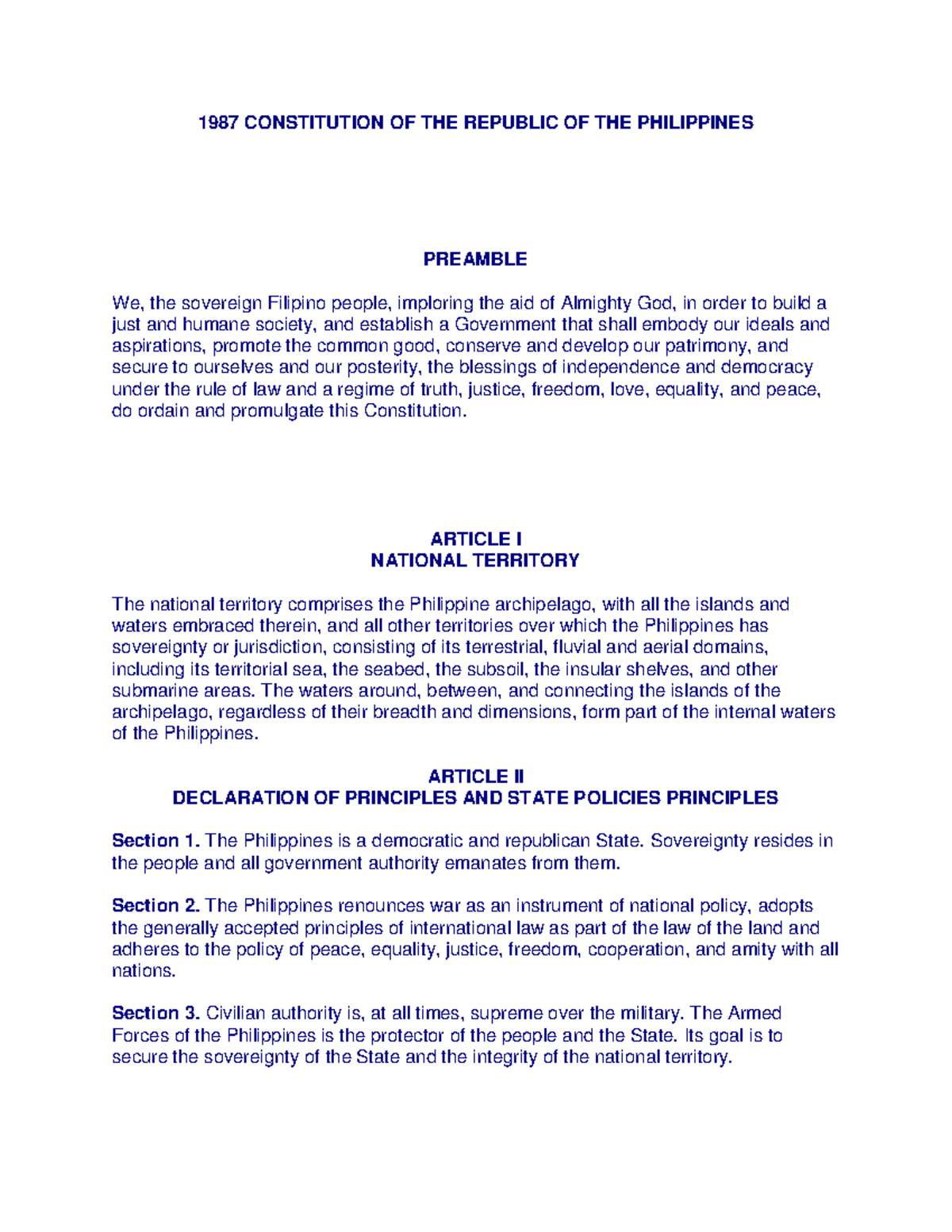 Preamble and Articles 1 and 2 - 1987 CONSTITUTION OF THE REPUBLIC OF ...