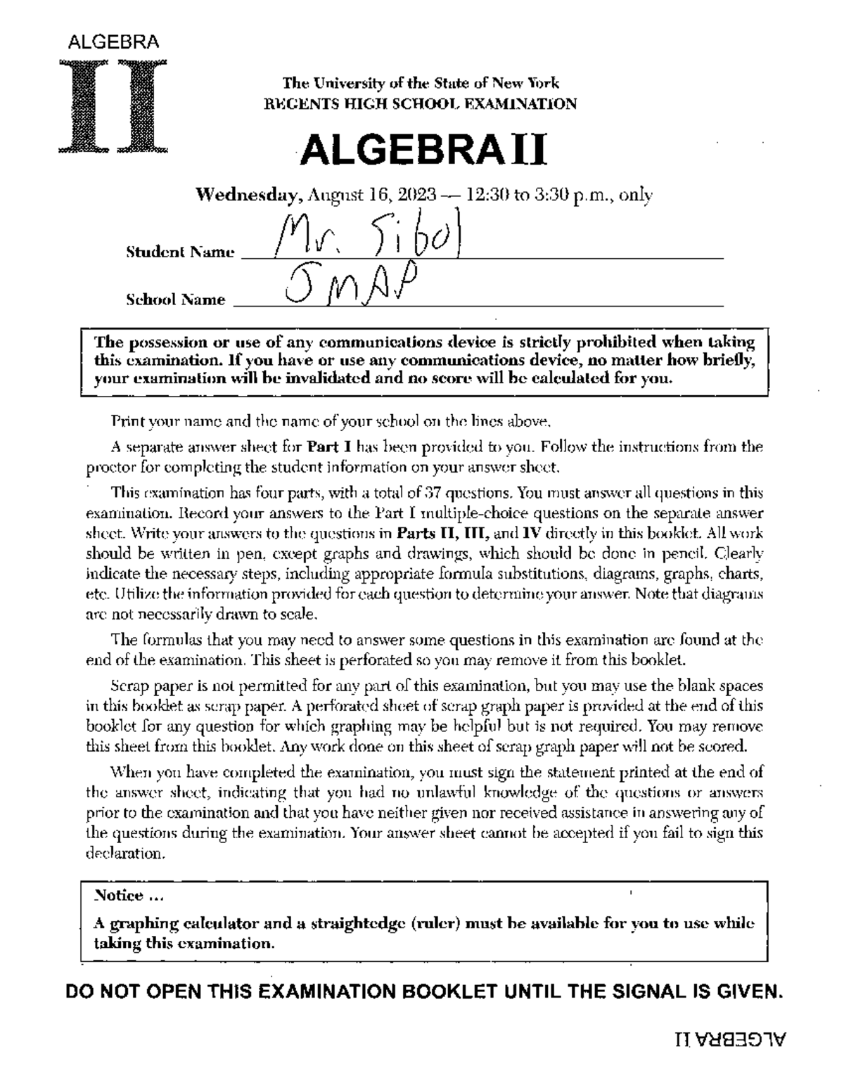 2023 Regents Algebra 2 - ALGEBRA The University of the State of New ...