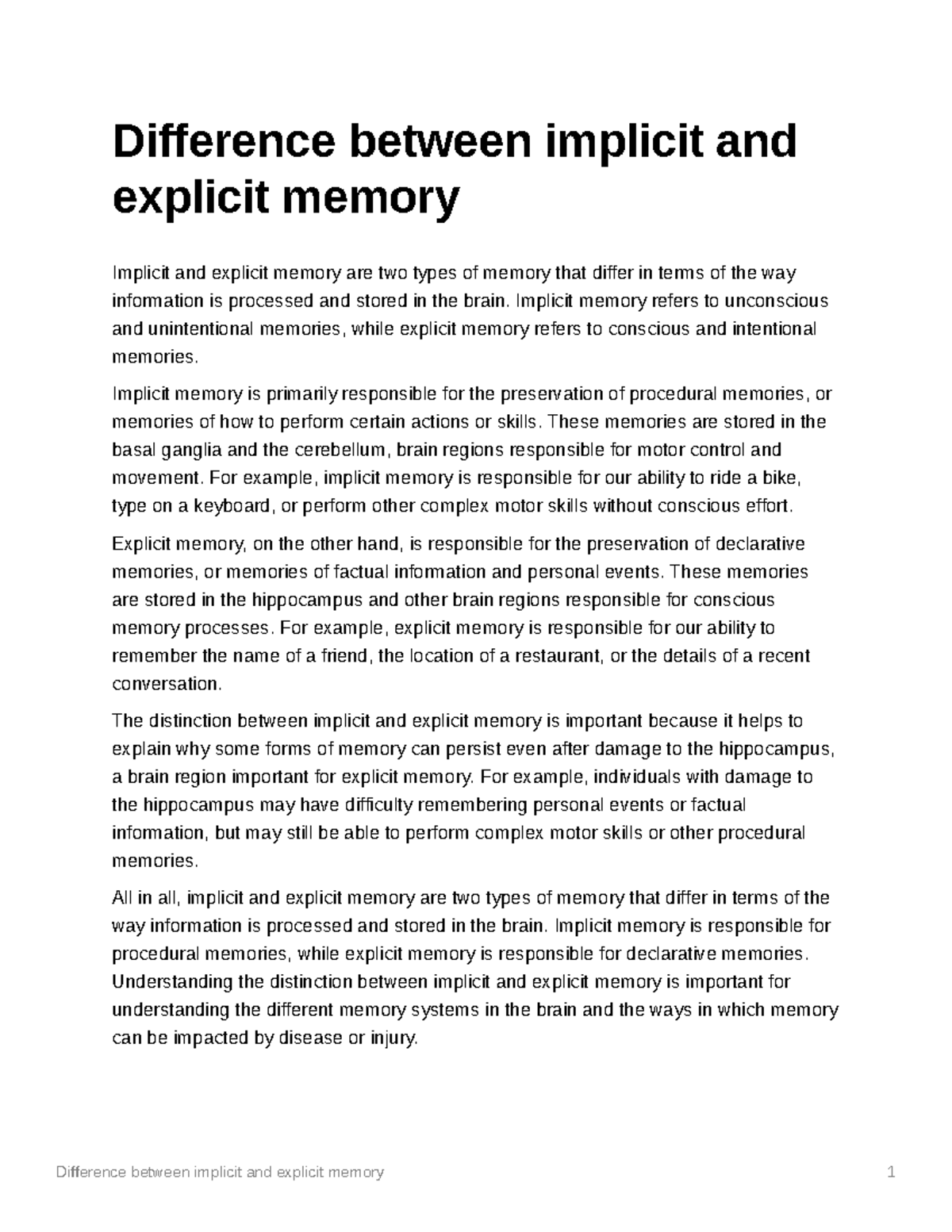 Difference Between Implicit And Explicit Memory Implicit Memory