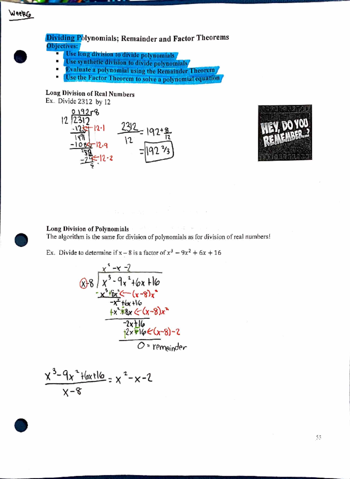 Math 112 Guided Notes Week 6 - • lynomials; RemainderandFactor Theorems ...