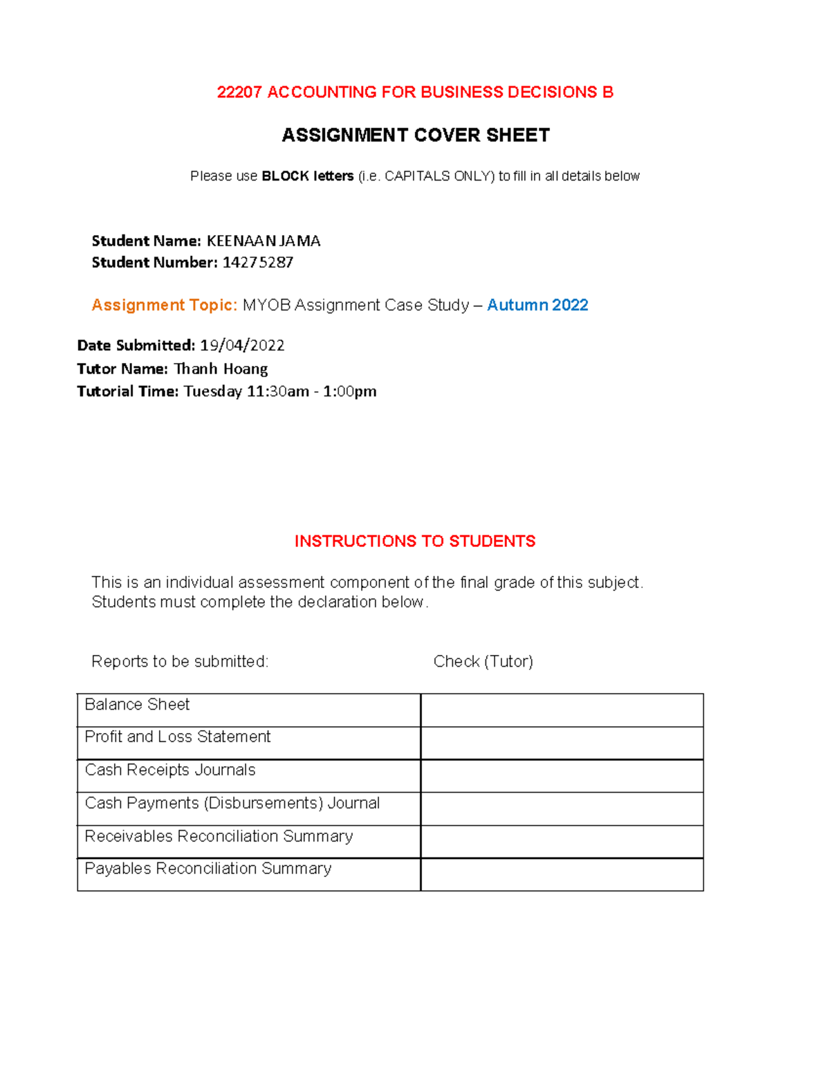 MYOB Cover sheet asdasasdadada - 22207 ACCOUNTING FOR BUSINESS ...
