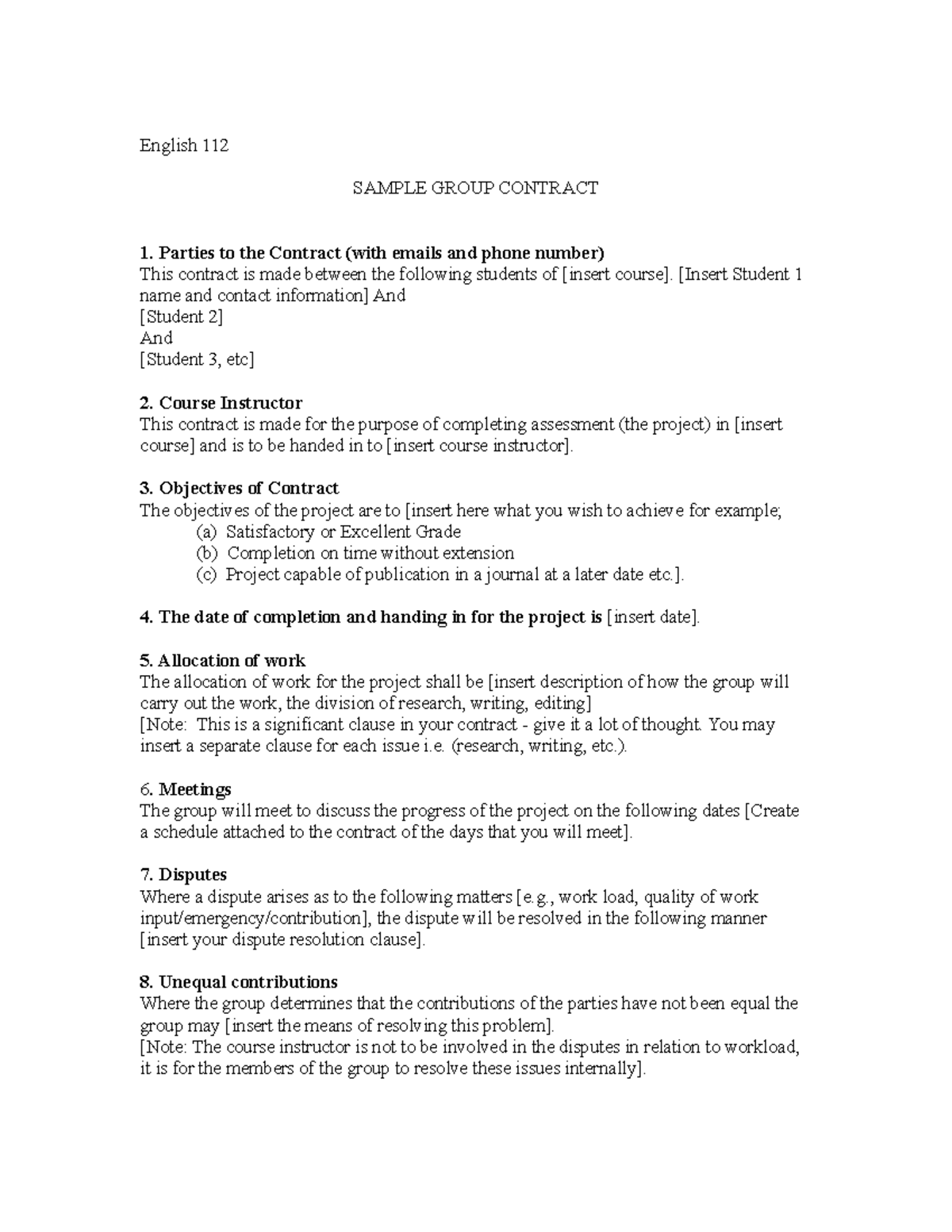 Group contract 25 - English 112 SAMPLE GROUP CONTRACT Parties to the ...