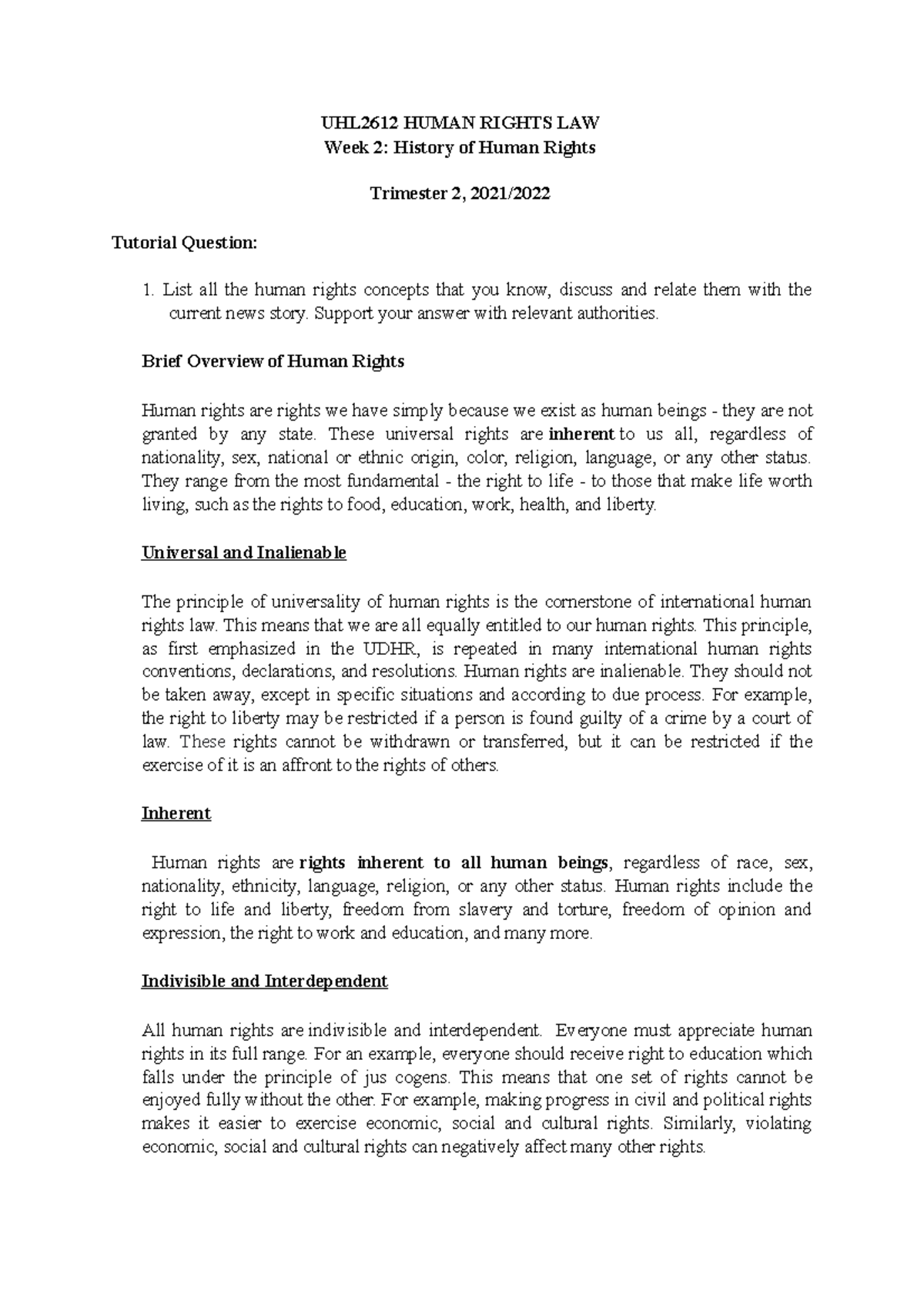 Tutorial 2 History of Human Rights - UHL2612 HUMAN RIGHTS LAW Week 2 ...