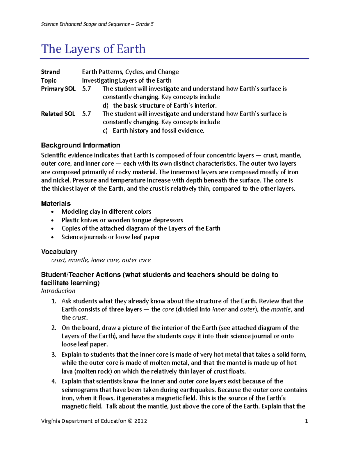 Lesson Plan of Layers of the Earth - The Layers of Earth Strand Earth ...