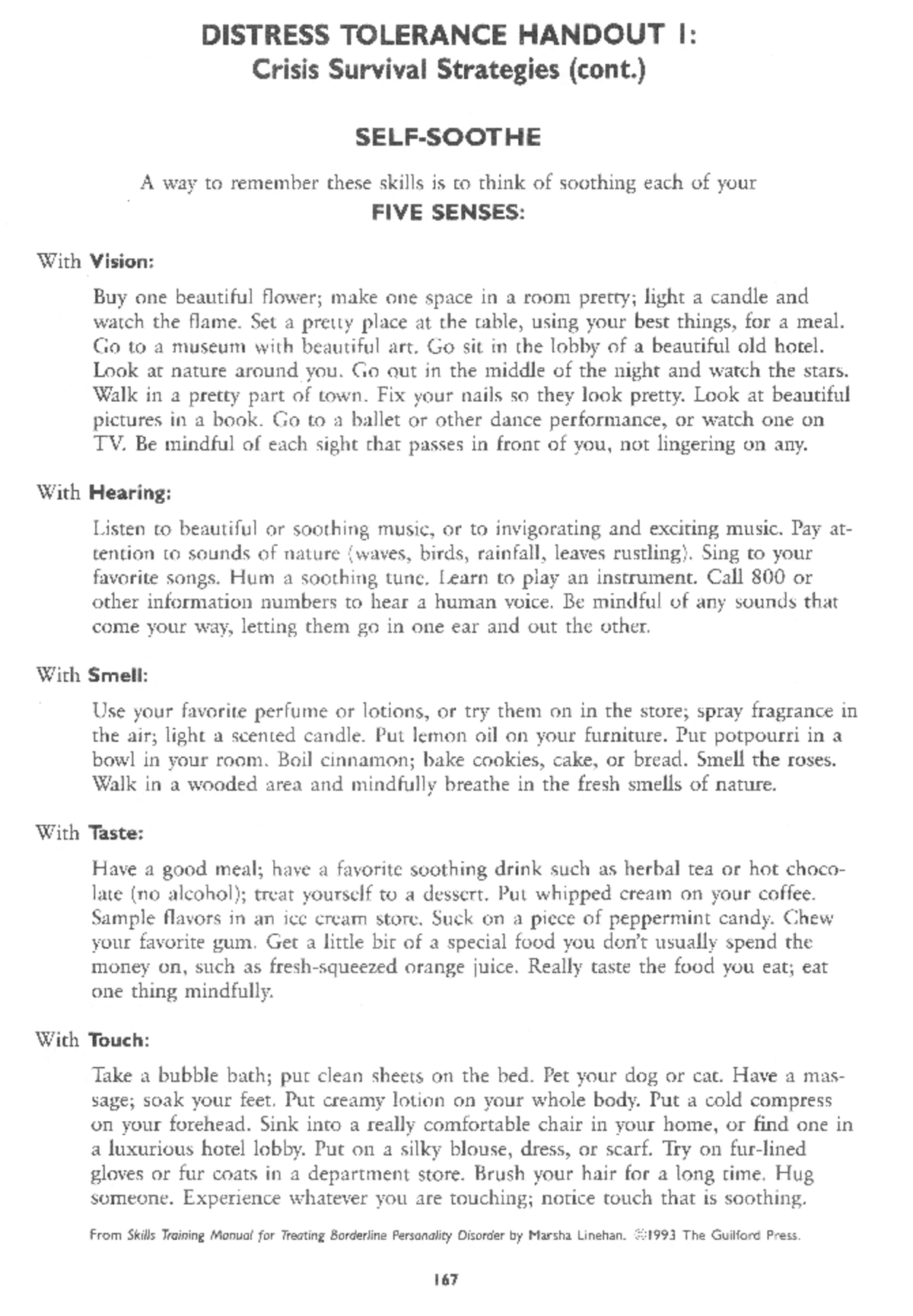 Self Soothing 5 Senses - DISTRESS TOLERANCE HANDOUT I: Crisis Survival ...