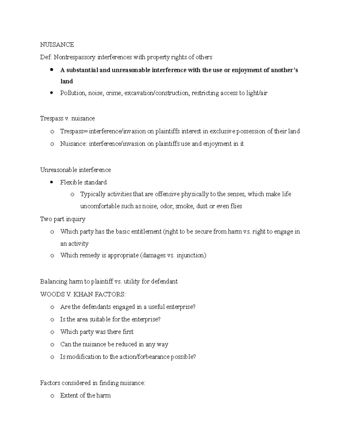 Nuisance short sheet - NUISANCE Def: Nontrespassory interferences with ...