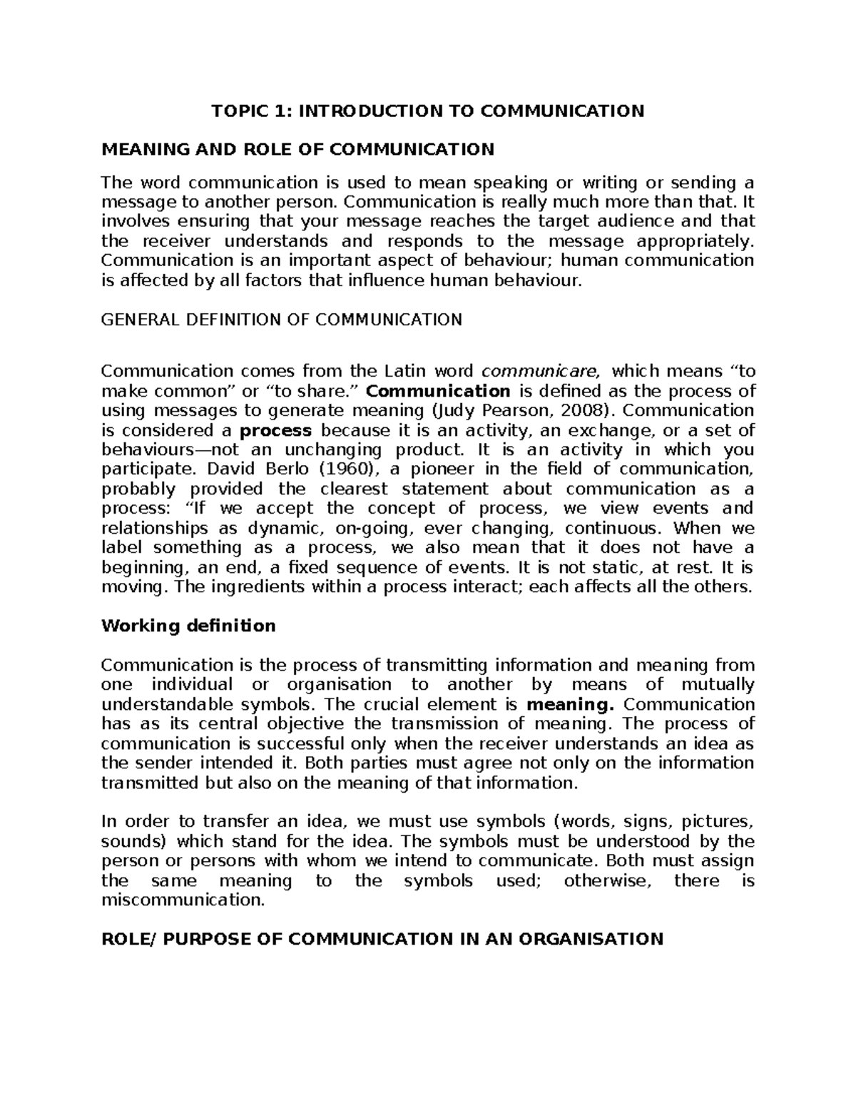Topic 1 Introduction TO Communication - TOPIC 1: INTRODUCTION TO COMMUNICATION MEANING AND ROLE ...