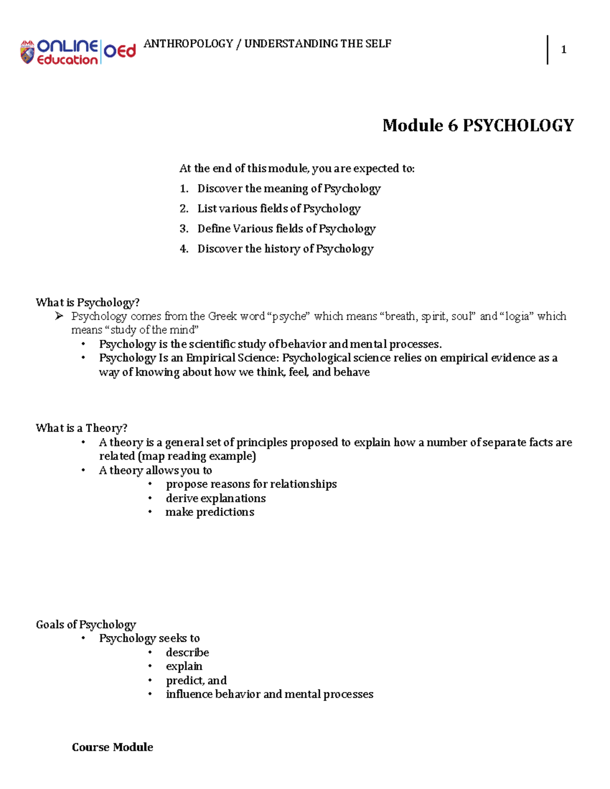 Week 2 Module 1 and 2 The self from various perspective - ANTHROPOLOGY ...