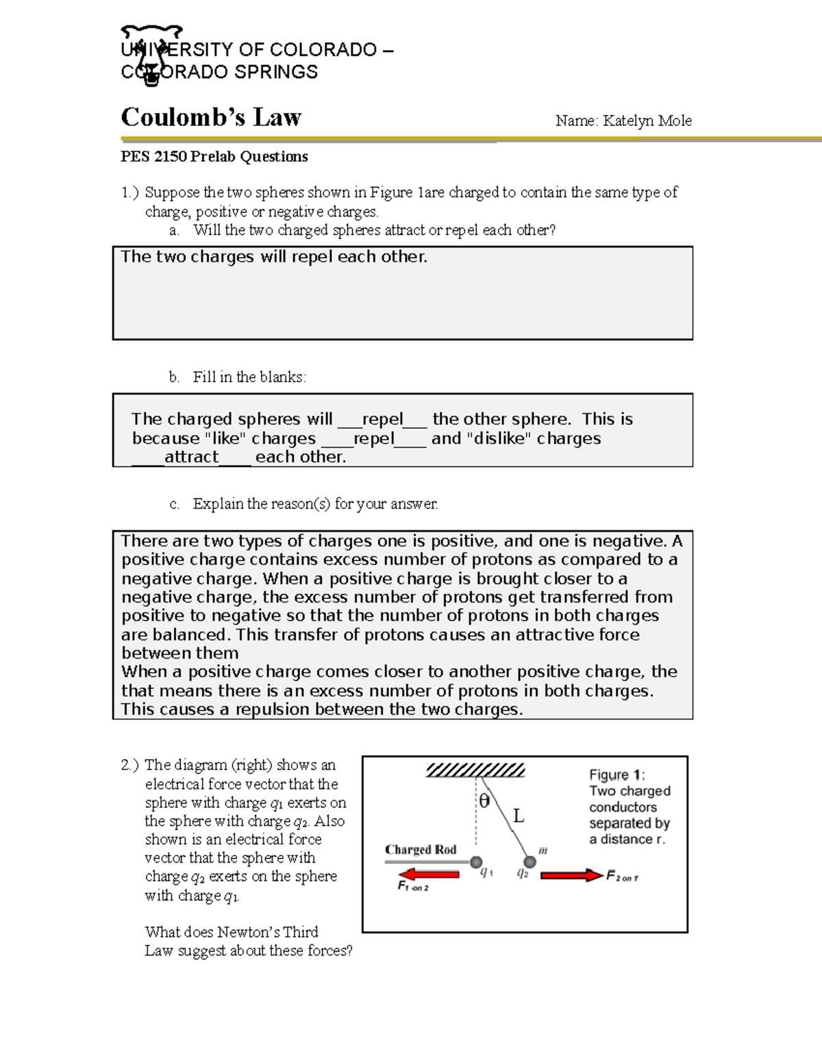 PES 2150 Coulomb prelab complete - UNIVERSITY OF COLORADO – COLORADO ...