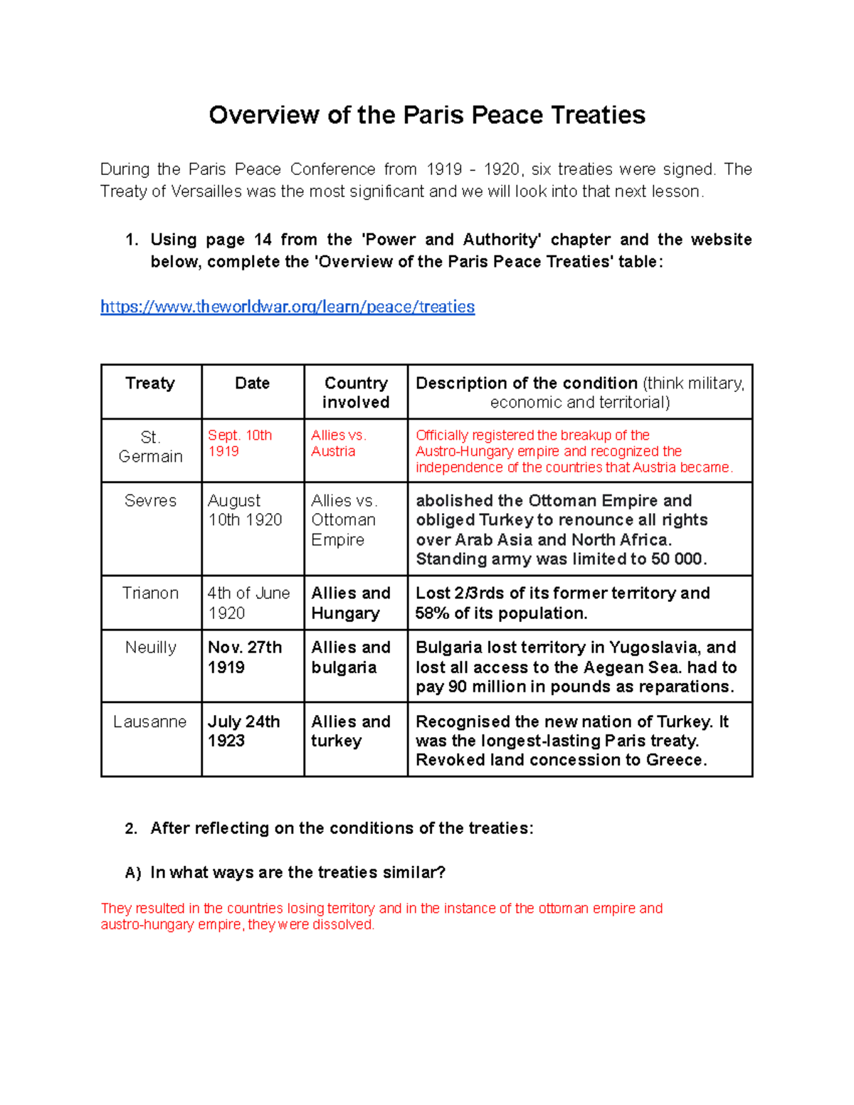 Overview of the Paris Peace Treaties and the Big Four - Year 11 Modern ...