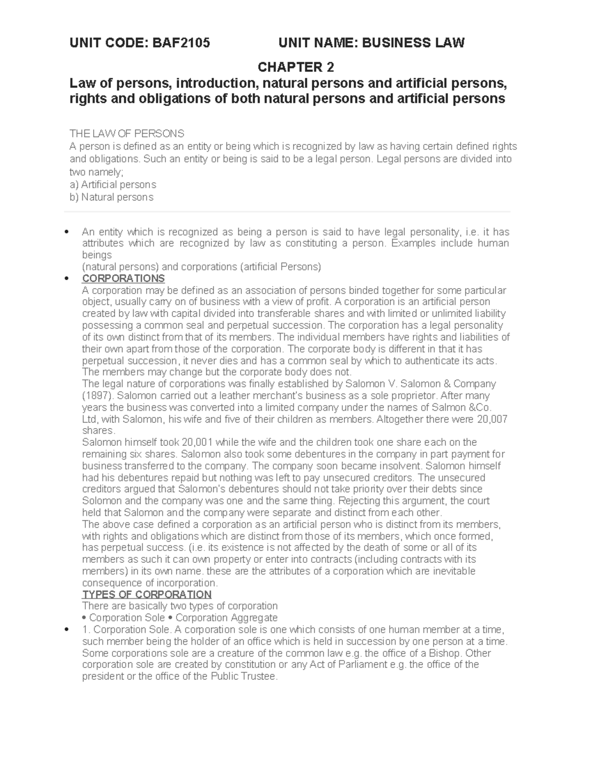 Chapter 2-Law of persons, introduction, natural persons and artificial ...
