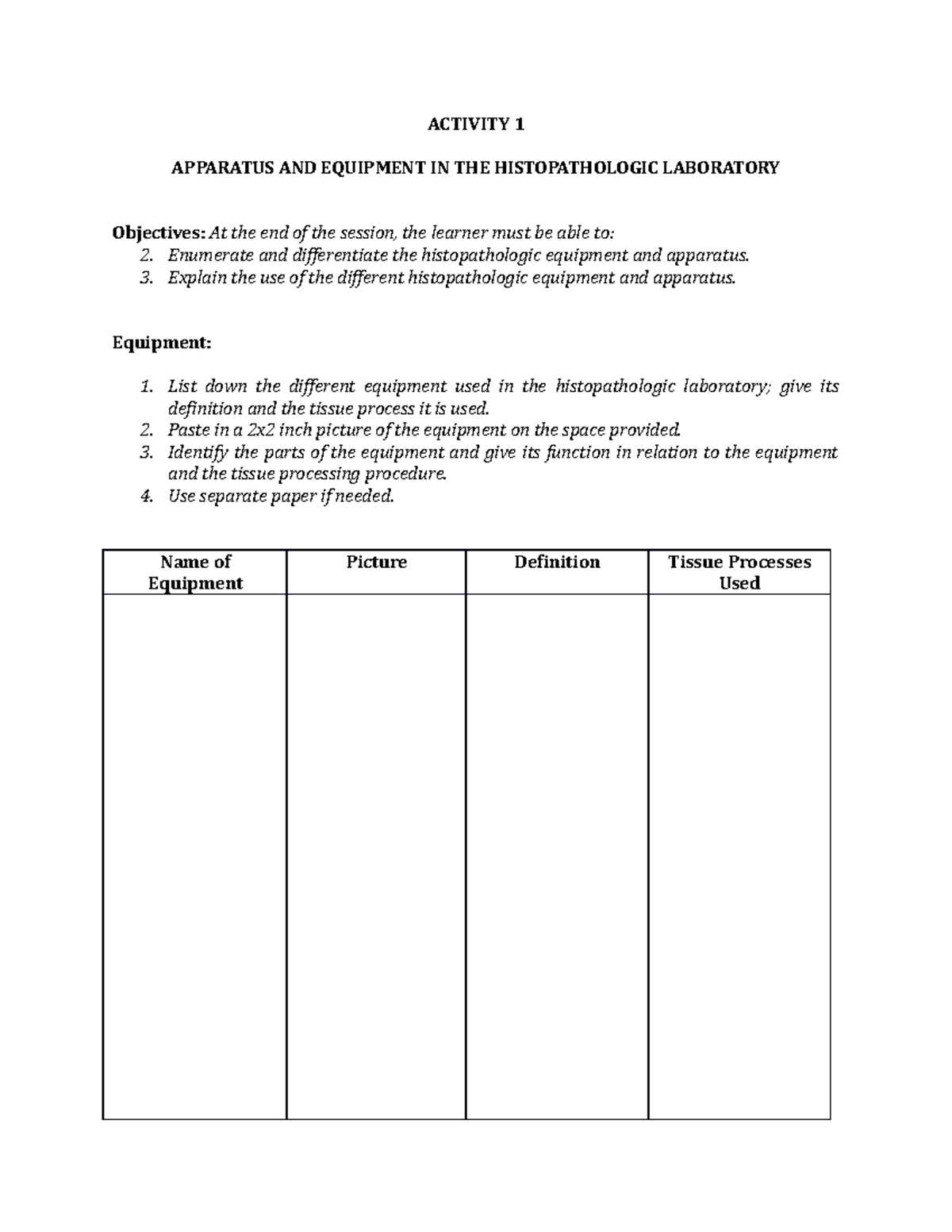 1 - Histopath - ACTIVITY 1 APPARATUS AND EQUIPMENT IN THE ...