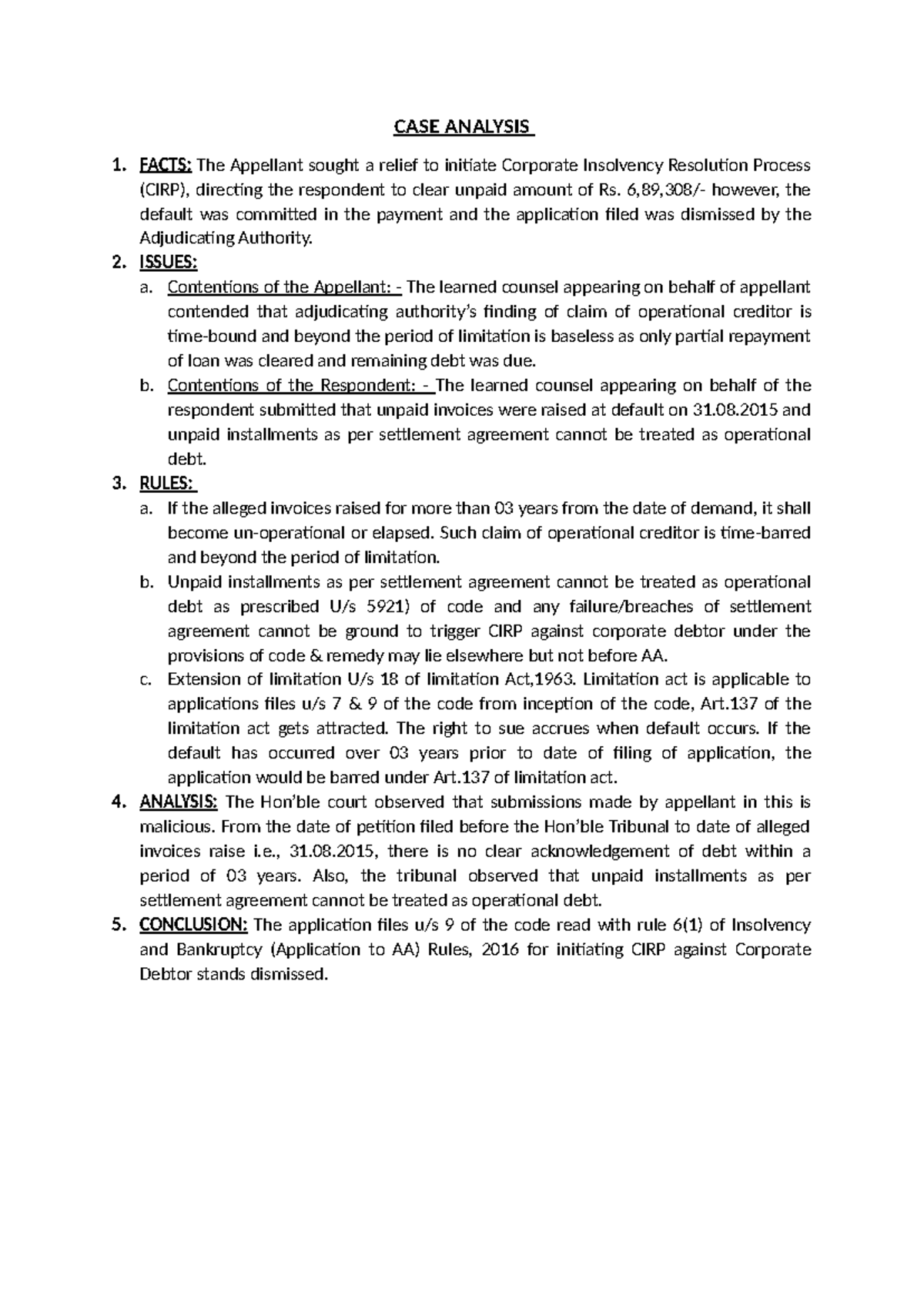Case Analysis of NCLT Order on CIRP - CASE ANALYSIS 1. FACTS: The ...