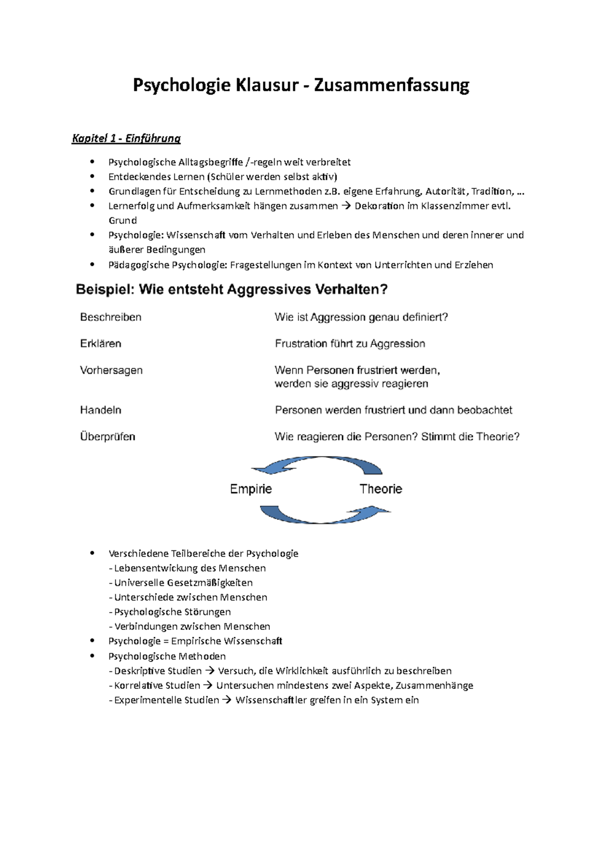 Psychologie Klausur - das Wichtigste - Psychologie Klausur - Zusammenfassung Kapitel 1 ...