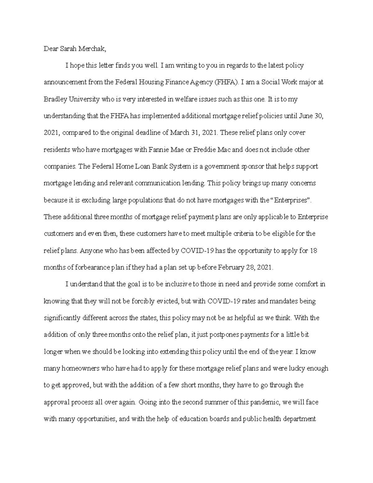 SW 355 - Policymaker Letter - Dear Sarah Merchak, I hope this letter ...