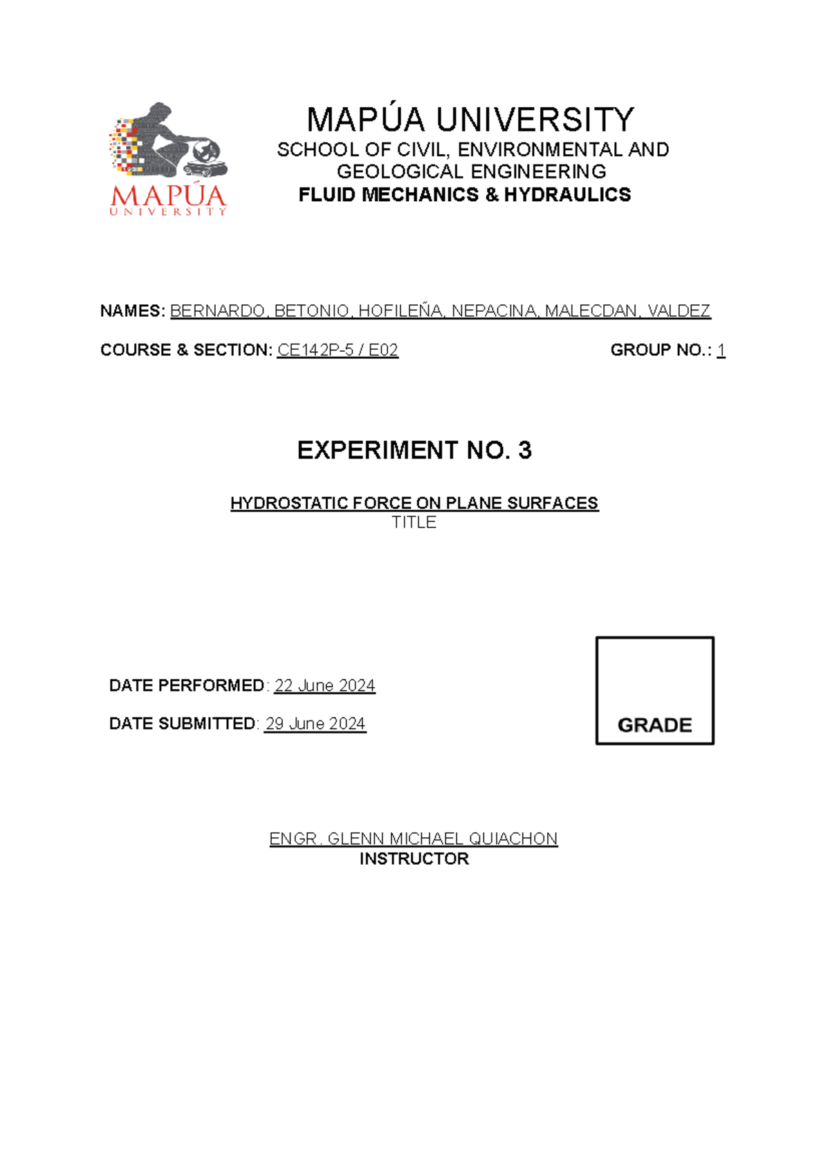 Lab Report 3 - MAPÚA UNIVERSITY SCHOOL OF CIVIL, ENVIRONMENTAL AND ...
