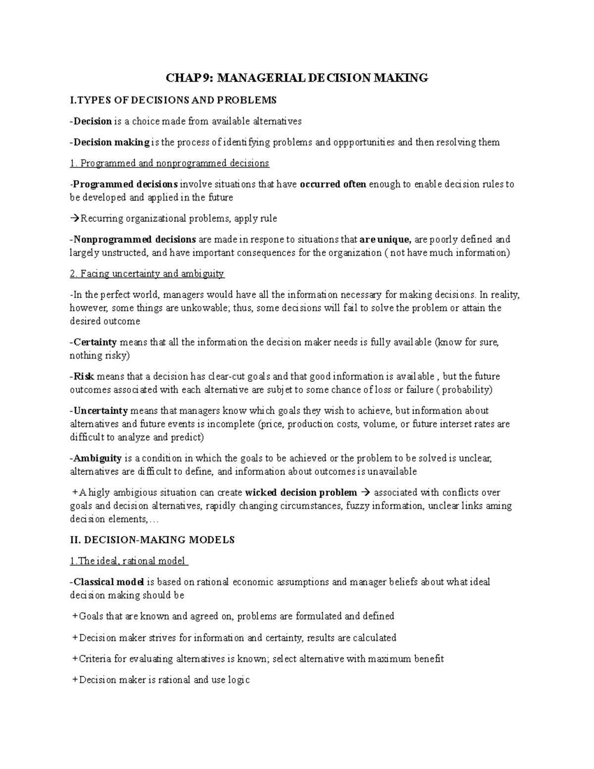 CHAP 9-Managerial decision making - CHAP 9: MANAGERIAL DECISION MAKING ...