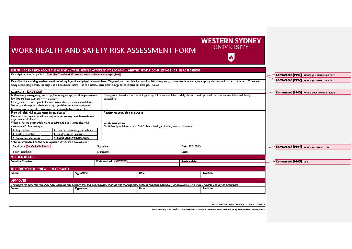 Exemplar risk assessment 2021 - WORK HEALTH AND SAFETY RISK ASSESSMENT ...