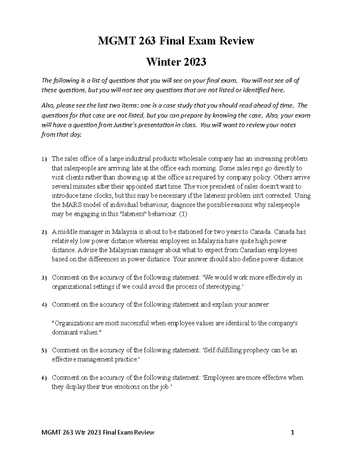 Final Exam Review W2023 Revised Student Version - MGMT 263 Final Exam Review Winter 2023 The ...