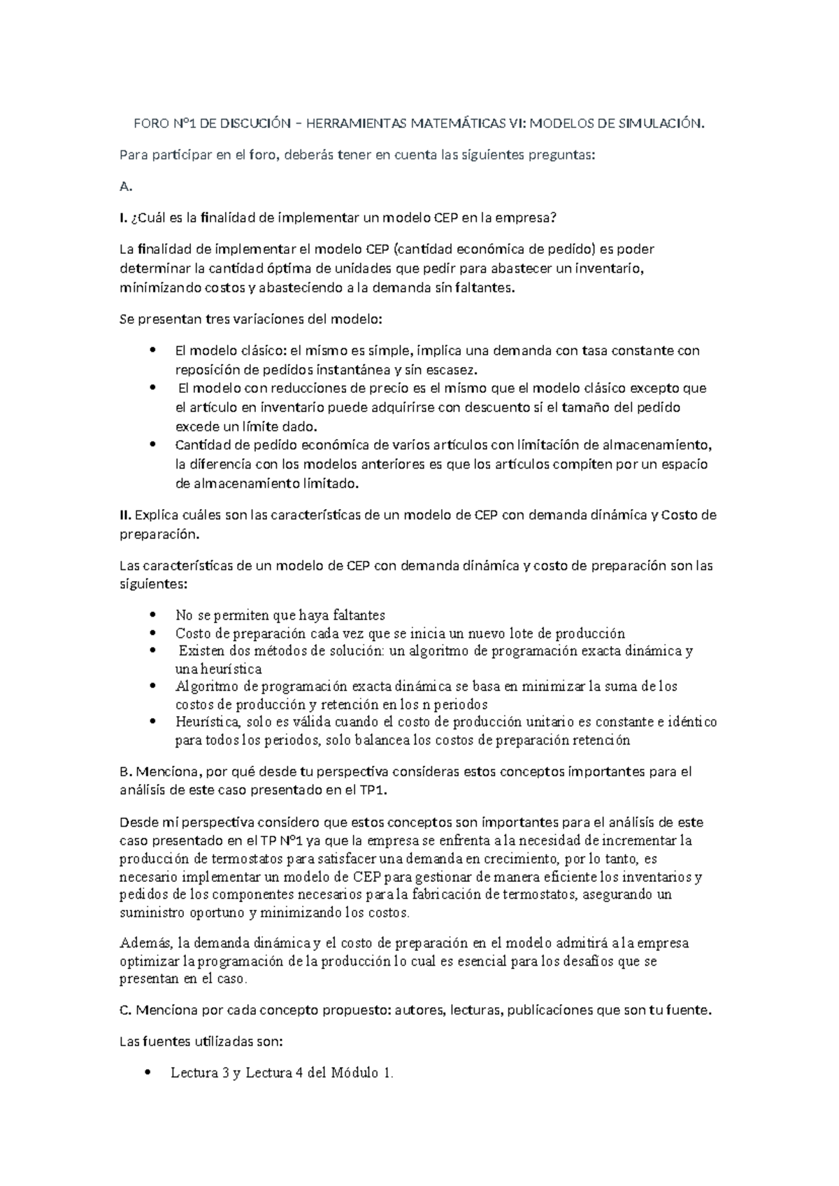 FORO N°1 DE Discución – Herramientas Matemáticas VI - Modelos DE Simulación - FORO N°1 DE ...