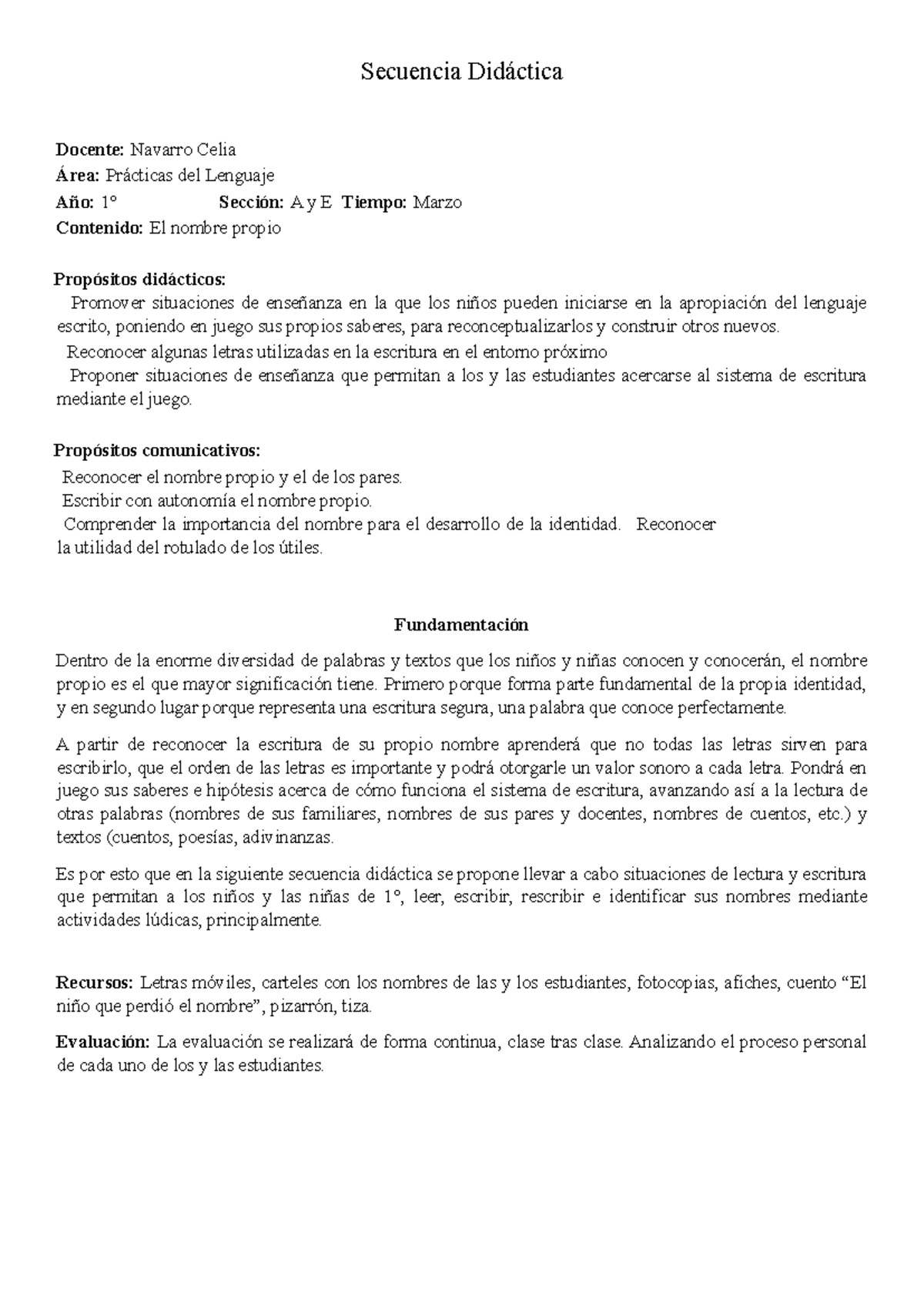 Nombre propio 1 grado - Secuencia - Secuencia Didáctica Docente ...