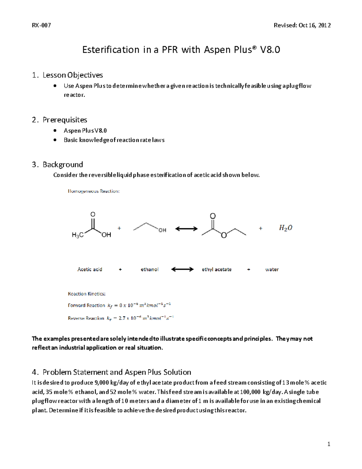 RX-007 PFR Esterification - Esterification in a PFR with Aspen Plus® V8 ...