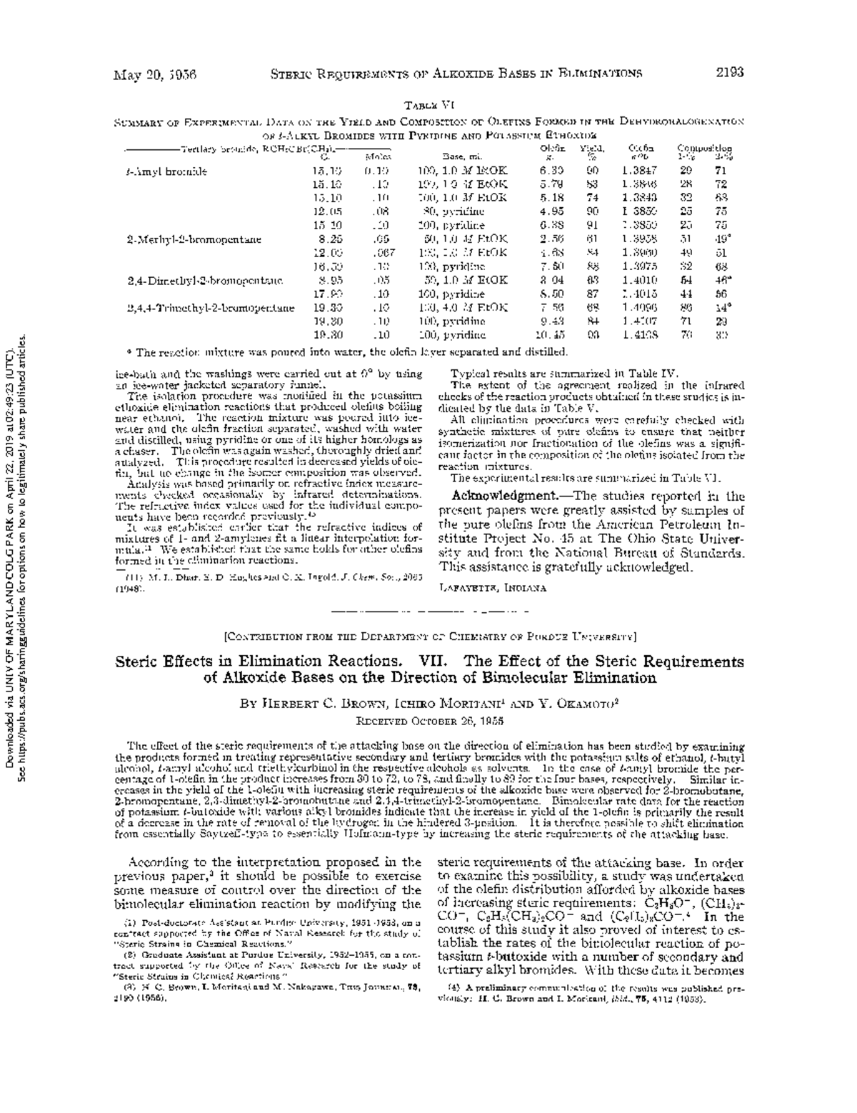 Brown alkoxide steric effects E2 - May 20, 1956 Steric Requirements of ...