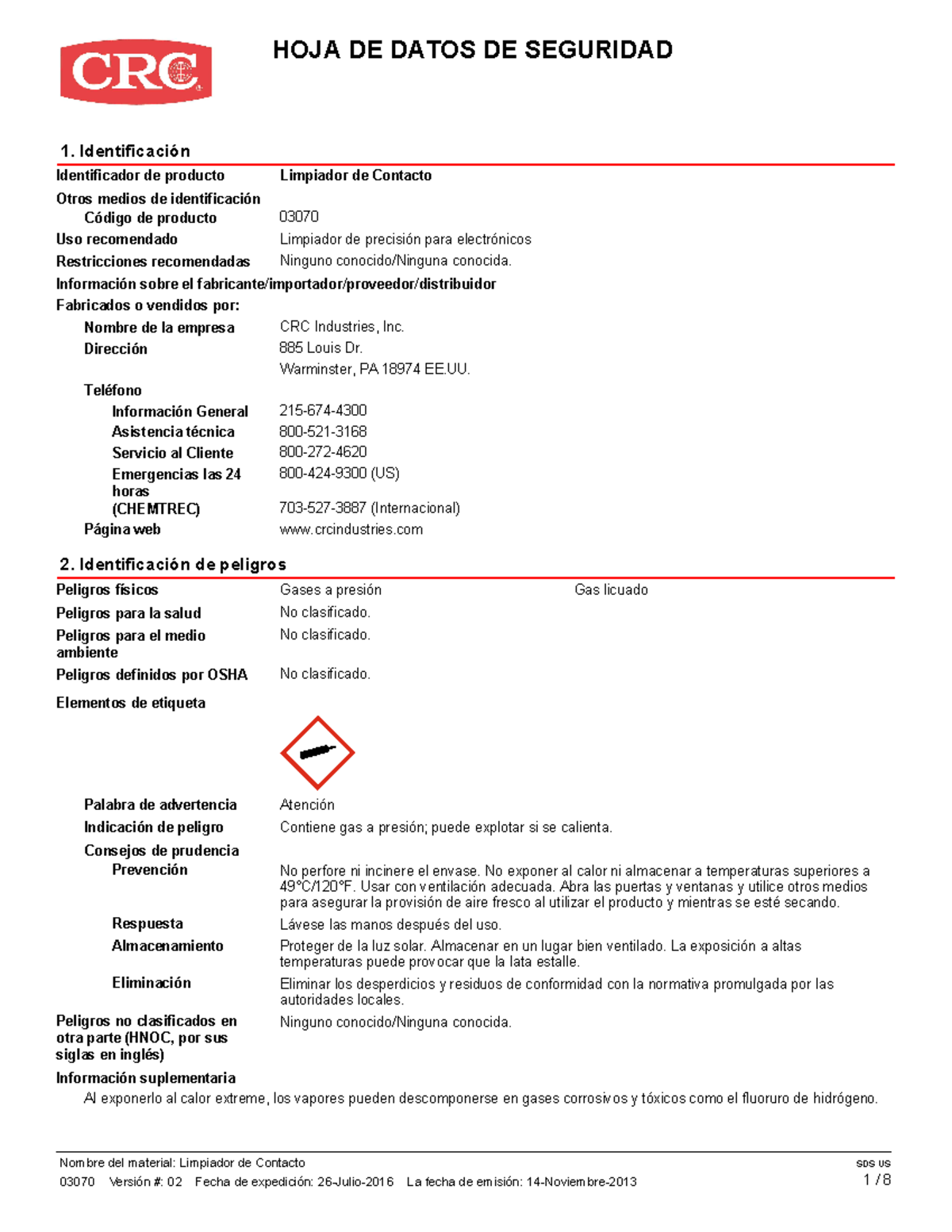 2. MSDS-limpiador-contactos-electrónico - HOJA DE DATOS DE SEGURIDAD 1 ...