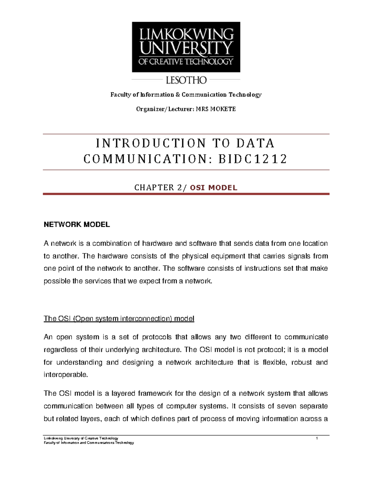 Chapter 2 - data communication - Organizer/Lecturer: MRS MOKETE Limkokwing University of ...