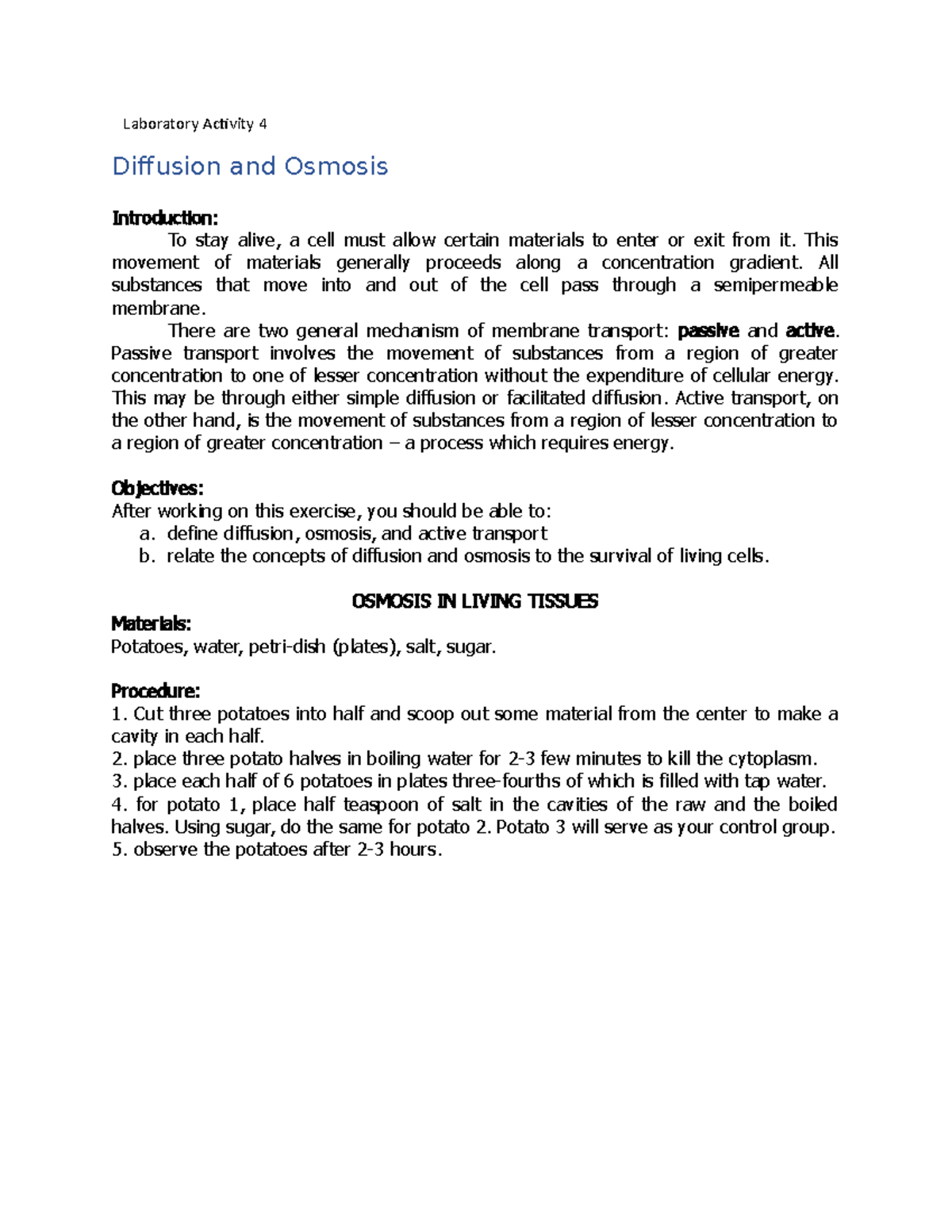 Diffusion and Osmosis - Laboratory Activity 4 Diffusion and Osmosis ...