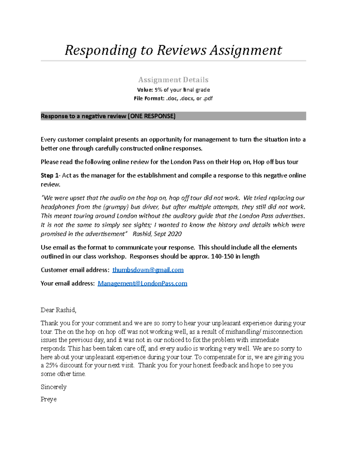 Responding to Reviews Assignment - Responding to Reviews Assignment ...