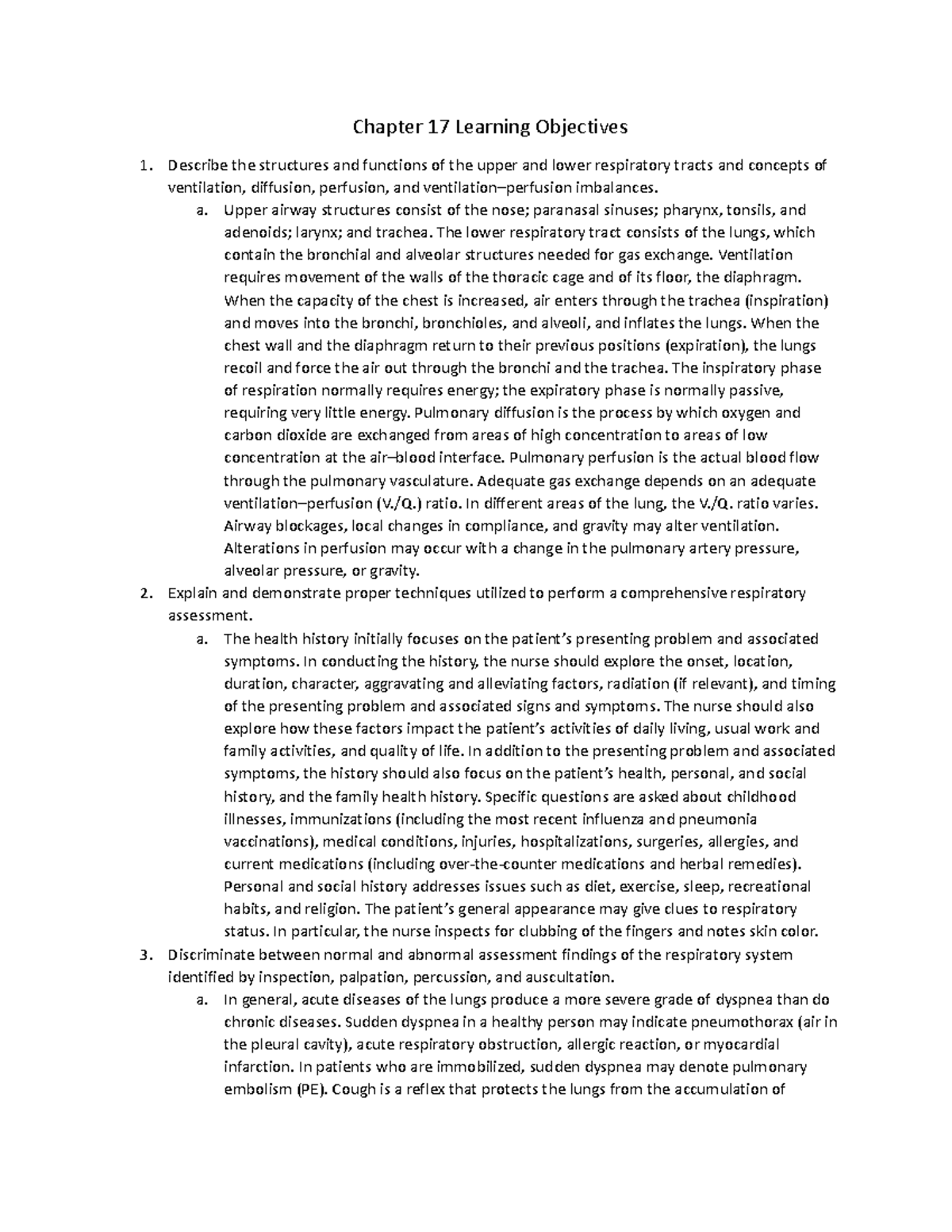 Resp. Learning Objectives - Chapter 17 Learning Objectives Describe the ...