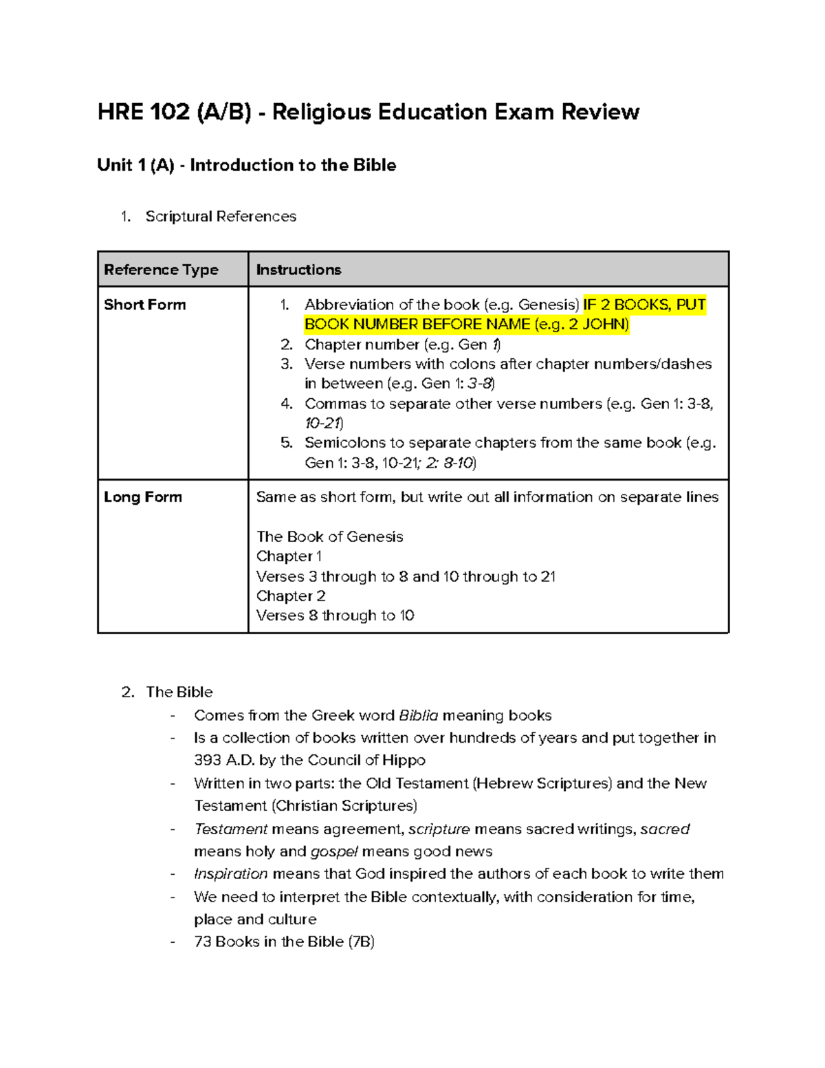 Religion Exam Review - HRE 102 (A/B) - Religious Education Exam Review ...
