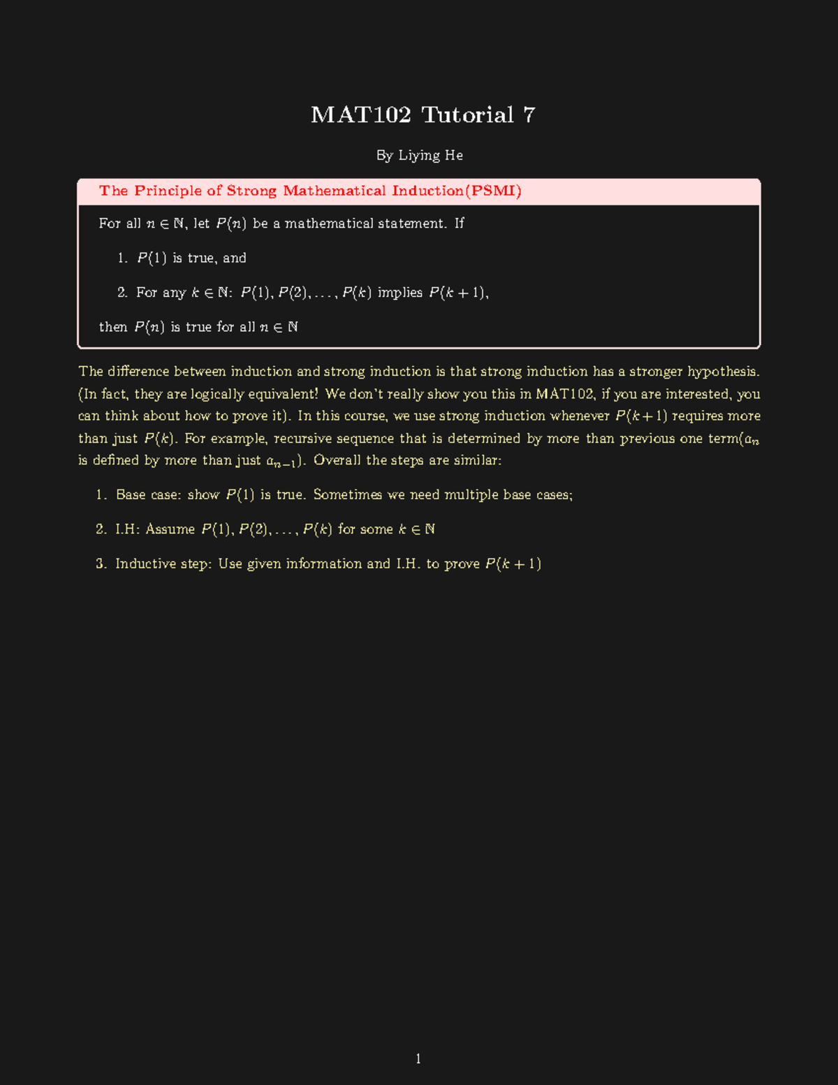 MAT102 23 Winter Tutorial 7 Solutions - MAT102 Tutorial 7 By Liying He The Principle of Strong ...