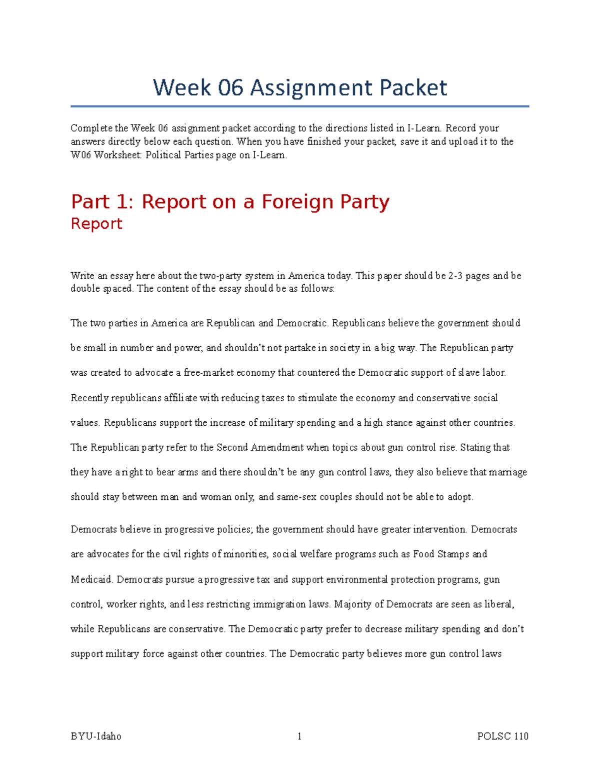 Polsc 110 document week06Assignment Packet - Week 06 Assignment Packet Complete the Week 06 ...