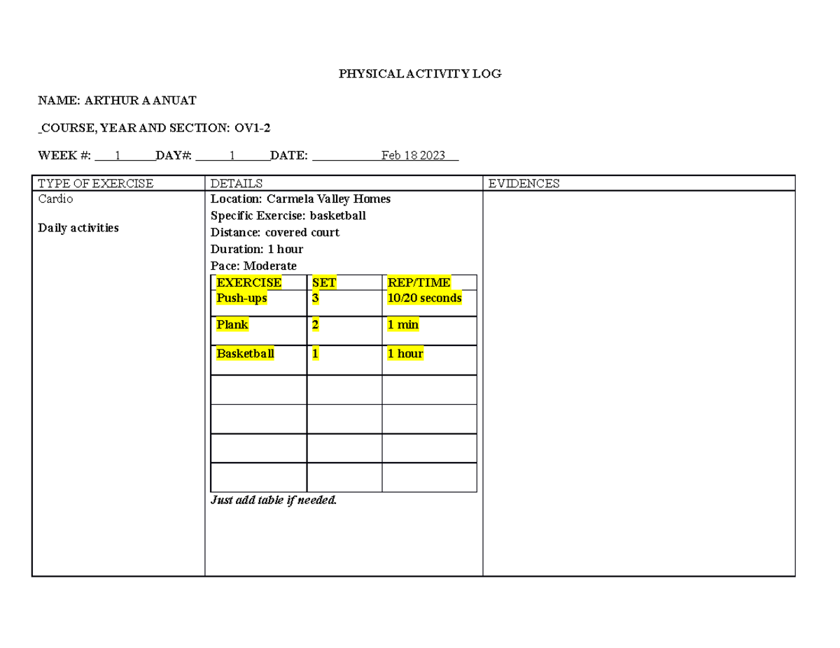 Physical- Activity-LOG - NAME: ARTHUR A ANUAT COURSE, YEAR AND SECTION ...