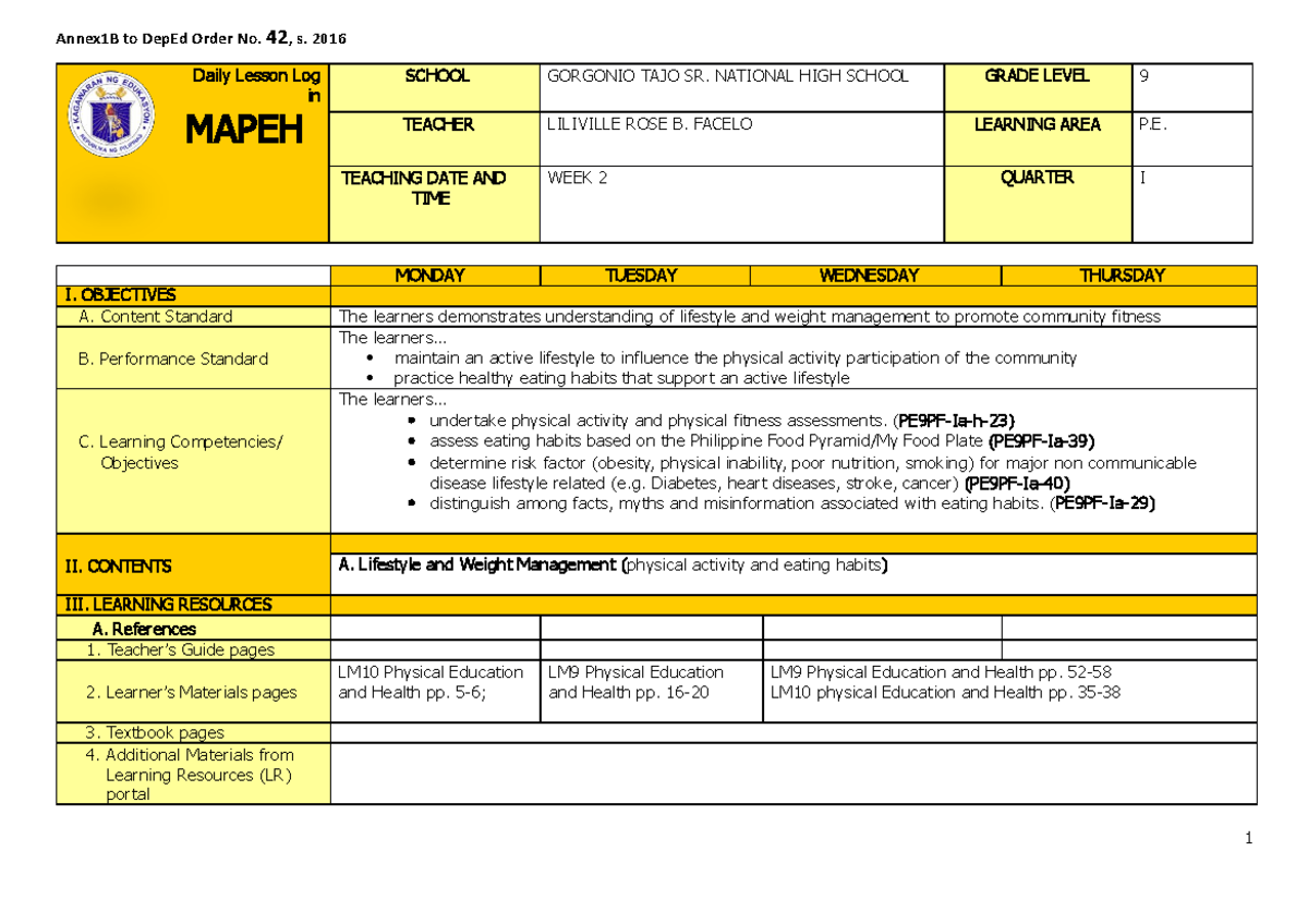Q1 Grade 9 PE DLL Week 2 - For Class Observation - Daily Lesson Log in MAPEH SCHOOL GORGONIO ...