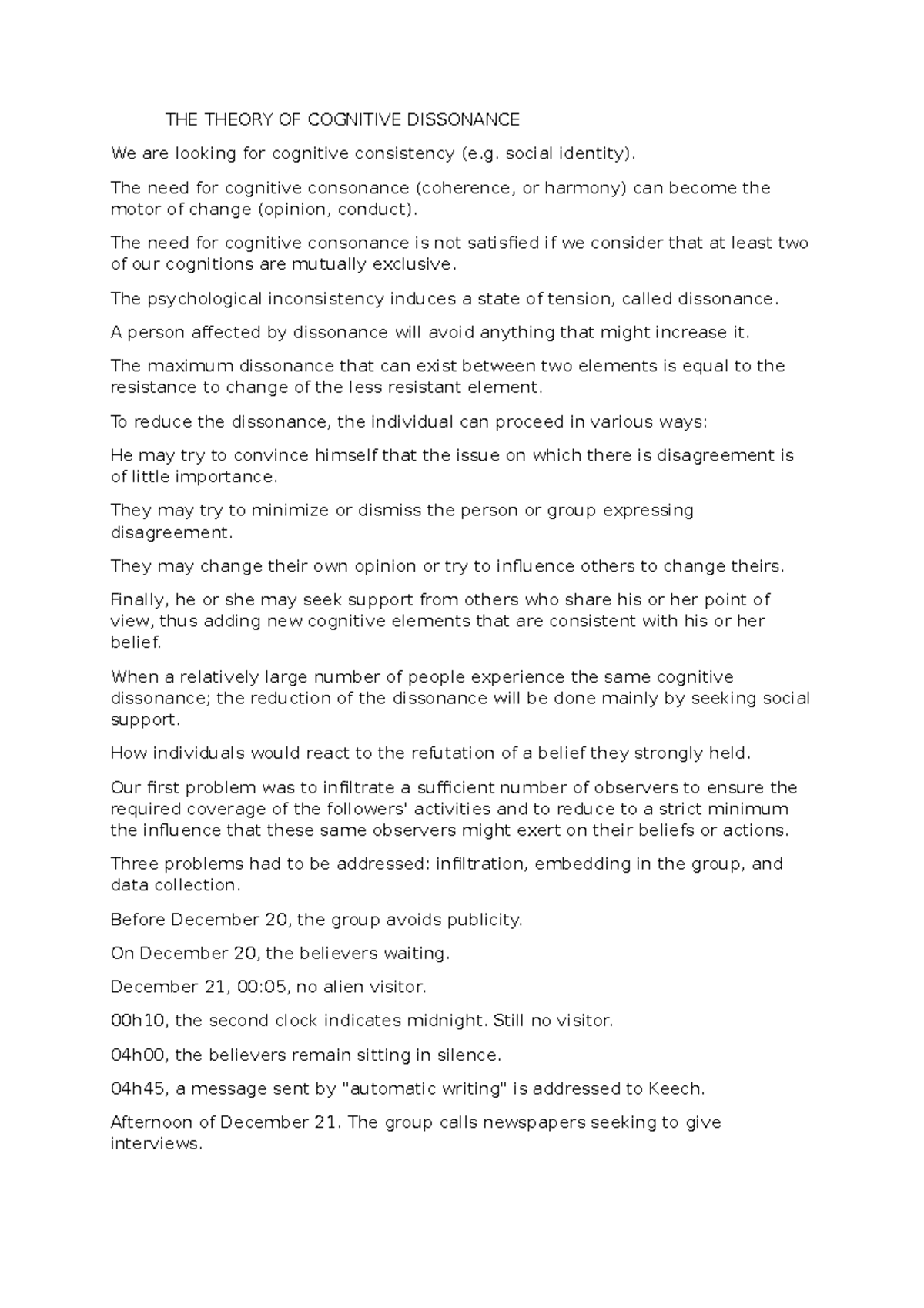 THE Theory OF Cognitive Dissonance - PSYC 320 LEC - ARC - Studocu