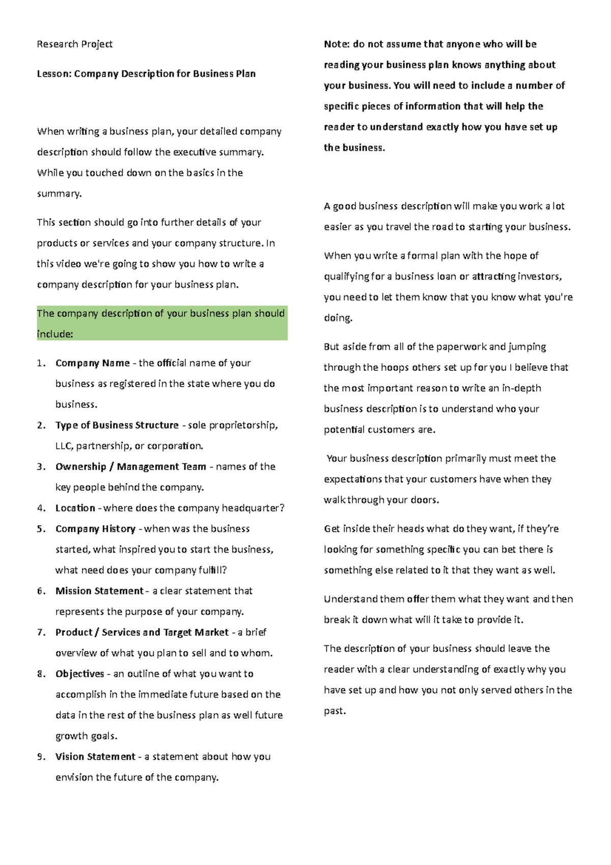 Company description by Research Project and Entrep - Research Project ...