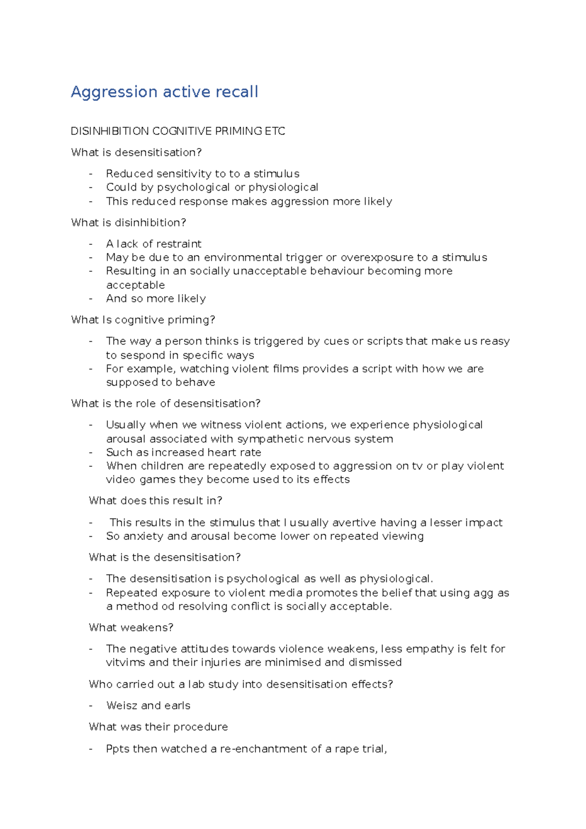 Aggression active recall - Aggression active recall DISINHIBITION ...