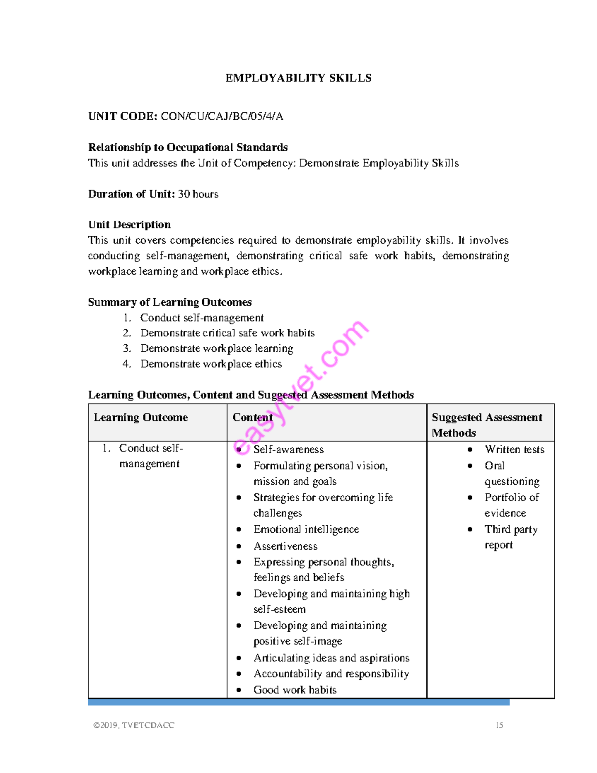 Employability Skills o - ©2019, TVETCDACC 15 EMPLOYABILITY SKILLS UNIT ...
