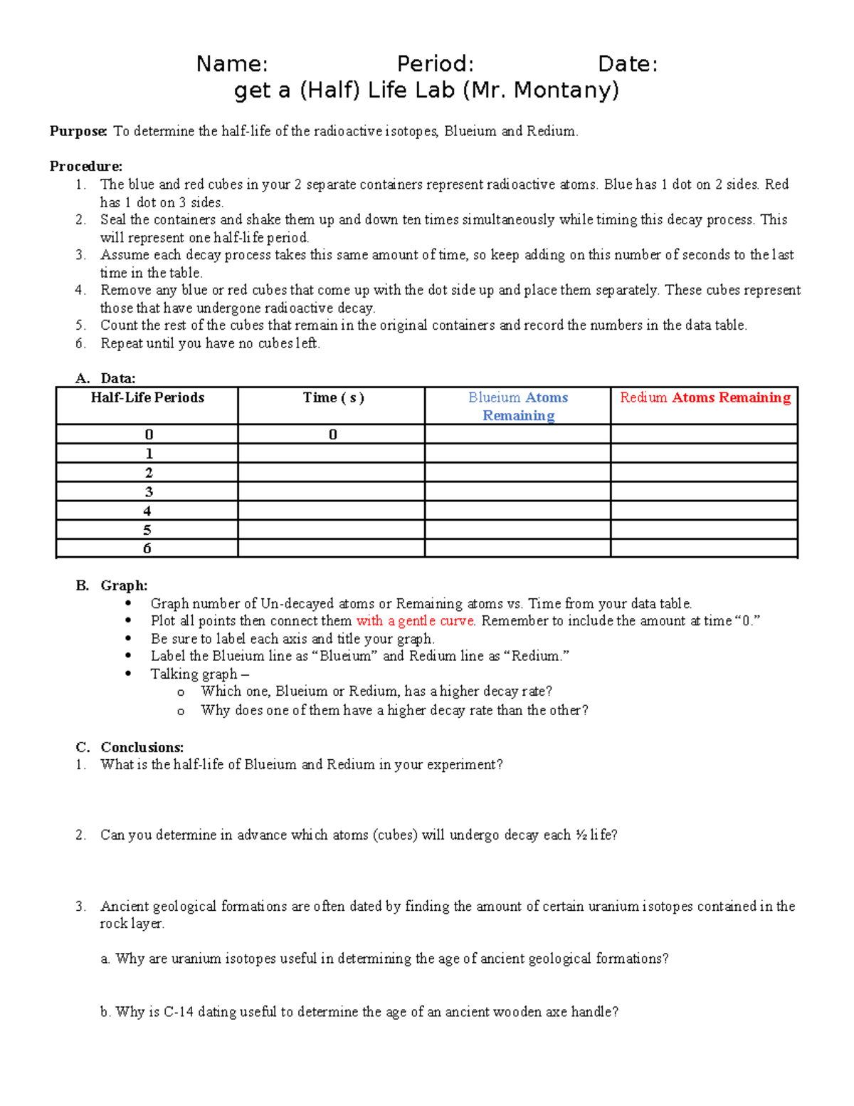 18 - none - Name: Period: Date: get a (Half) Life Lab (Mr. Montany ...