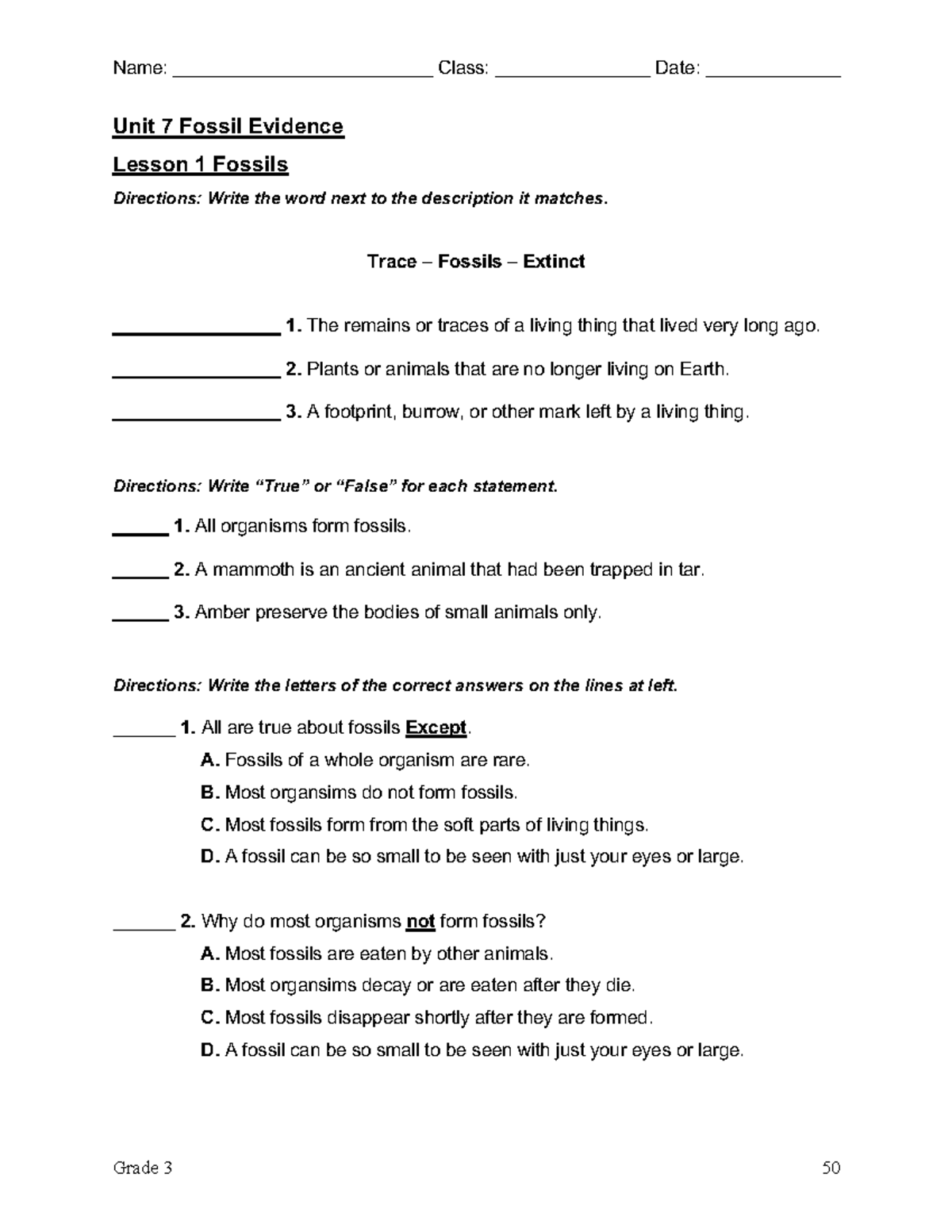 G3 Unit 7 Lesson 1 Worksheets - Unit 7 Fossil Evidence Lesson 1 Fossils ...