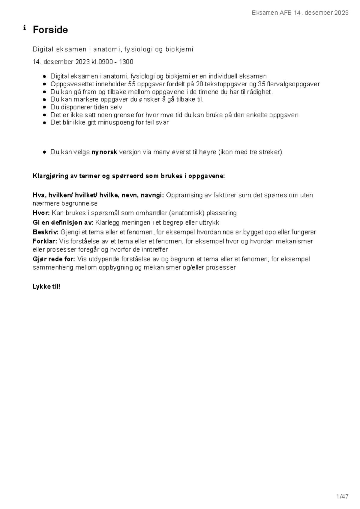 Eksamensoppgaver-afb desember-23 bm - Forside Digital ek s am en i anatom i, fy s iologi og biok ...