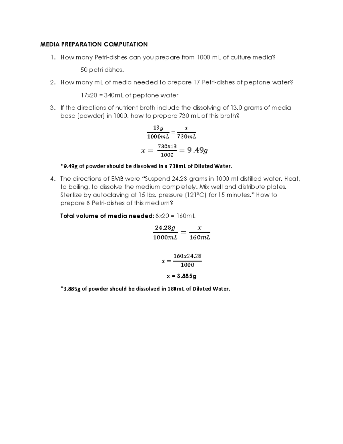 Bacteriology - Midterm - MEDIA PREPARATION COMPUTATION How many Petri ...