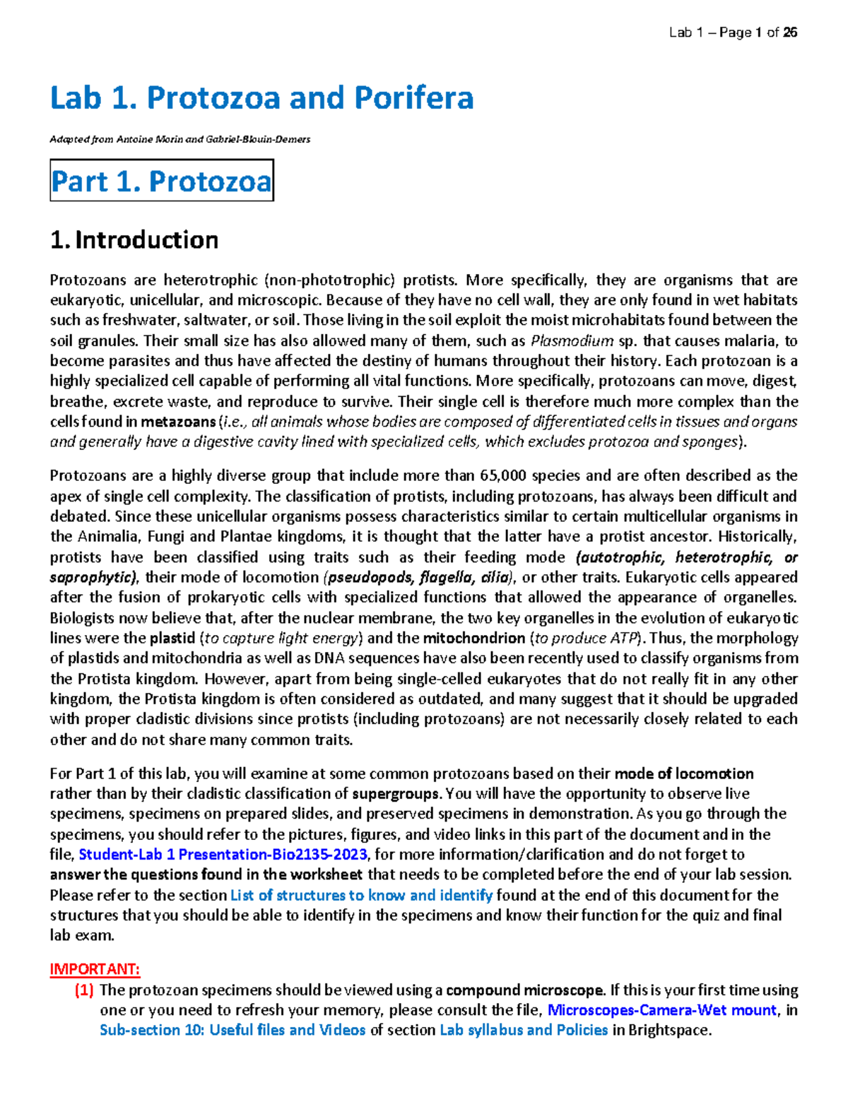 Lab 1-Protozoa and Porifera-2023-b - Lab 1. Protozoa and Porifera ...
