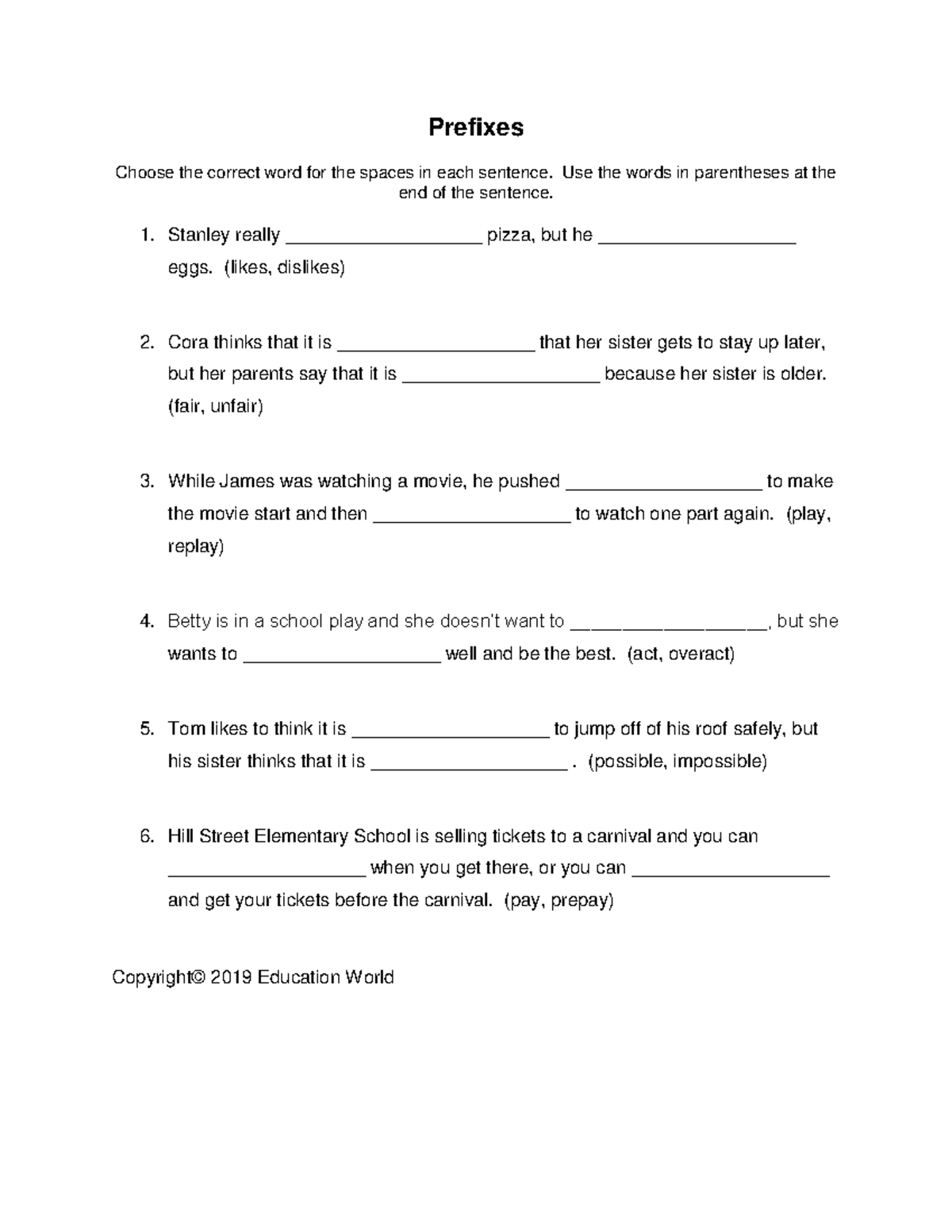 Prefixes-handout - Prefixes Choose the correct word for the spaces in ...